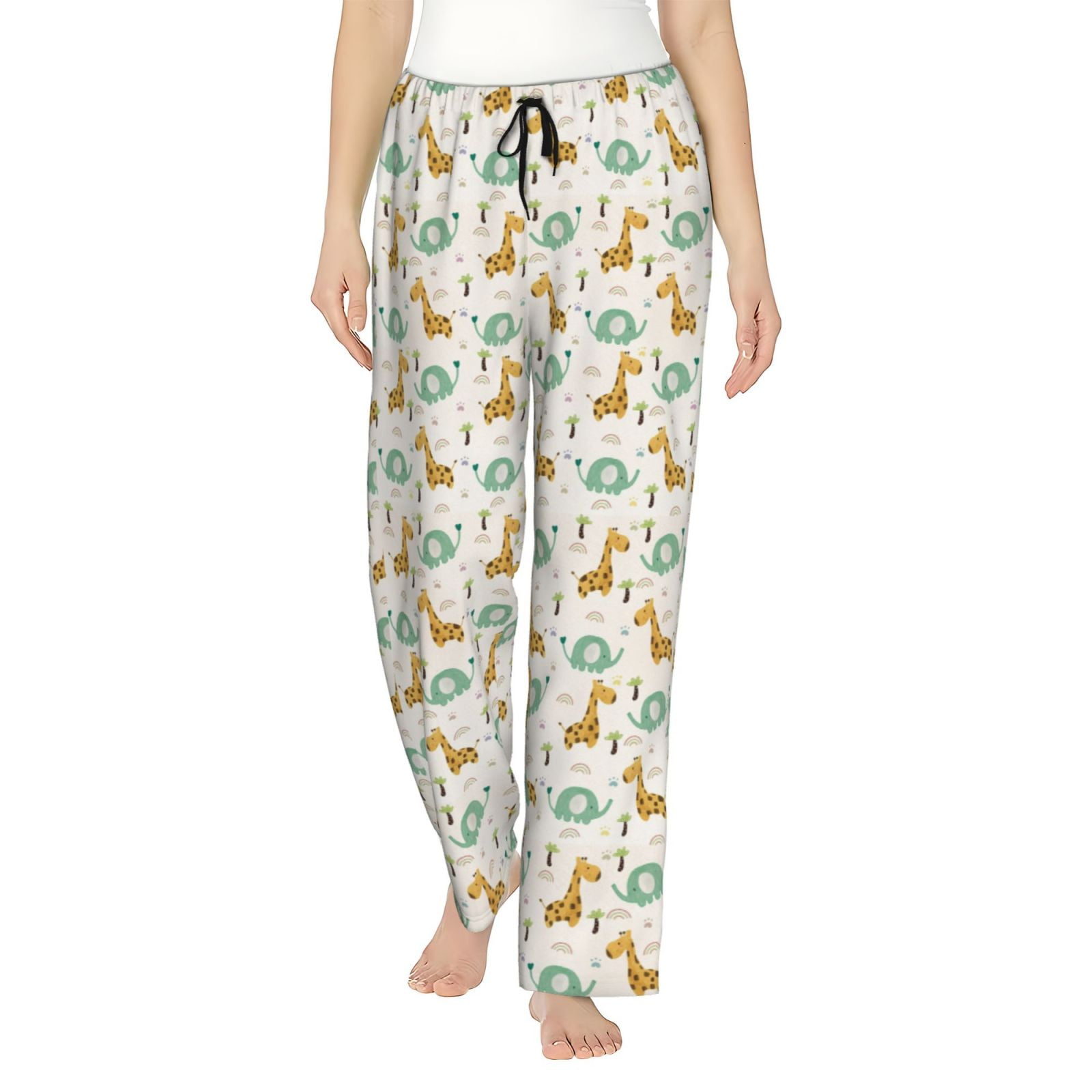 Wukai Giraffe And Elephant Women Pajama Pants Comfy Stretch Drawstring Palazzo Wide Leg Lounge ...