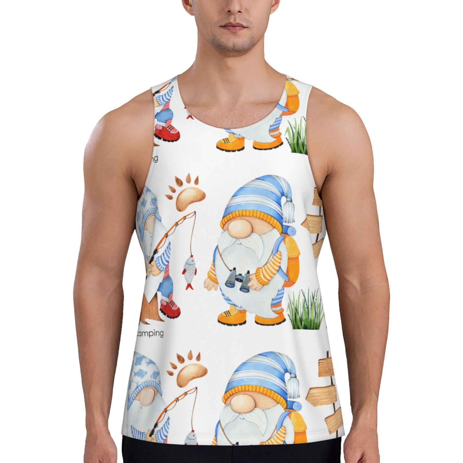 Wukai Gnome Camping Fishing Print Men’s Workout Tank Top Sleeveless ...