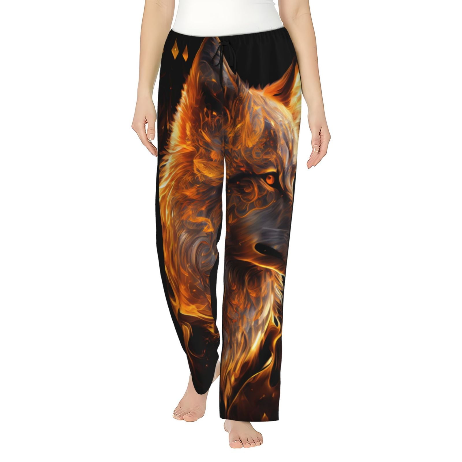 Wukai Gold Flame Pattern Wolf Women Pajama Pants Comfy Stretch ...