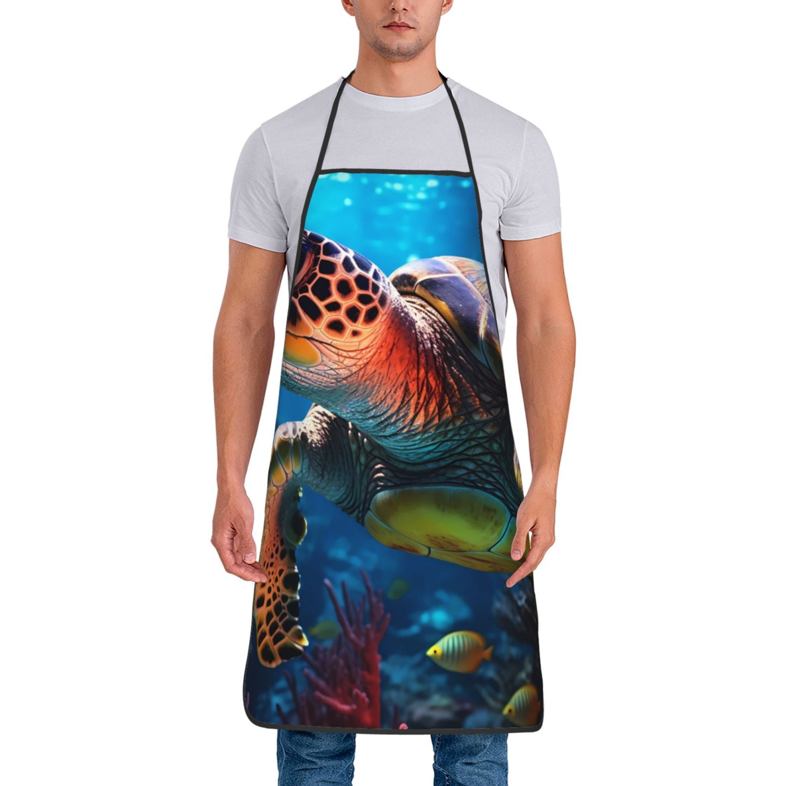 Wukai Ice Blue Ocean Sea Turtle Print Aprons Adjustable Bib Aprons ...