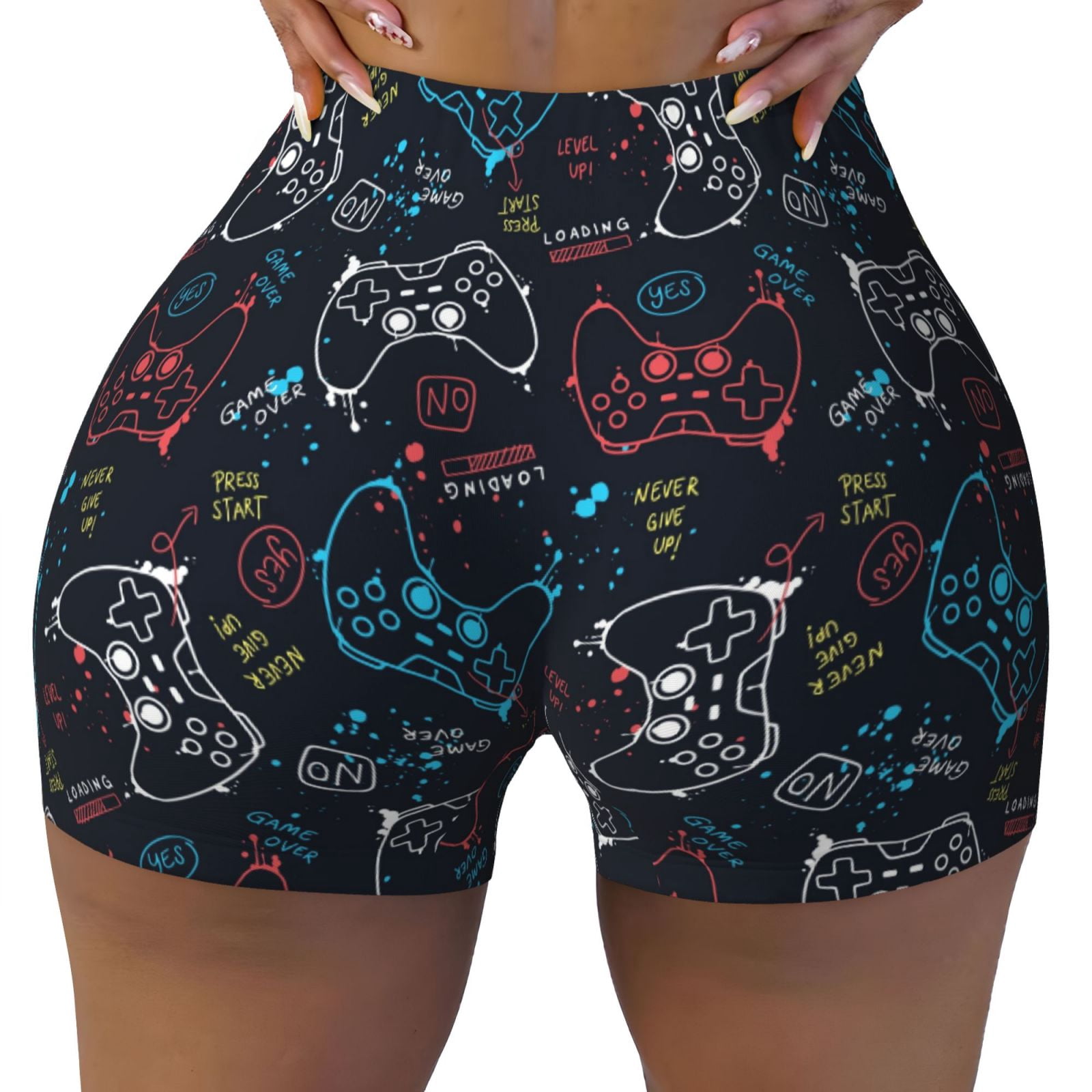 Wukai Joystick Gamepad Print Pack Biker Shorts for Women Yoga Workout ...