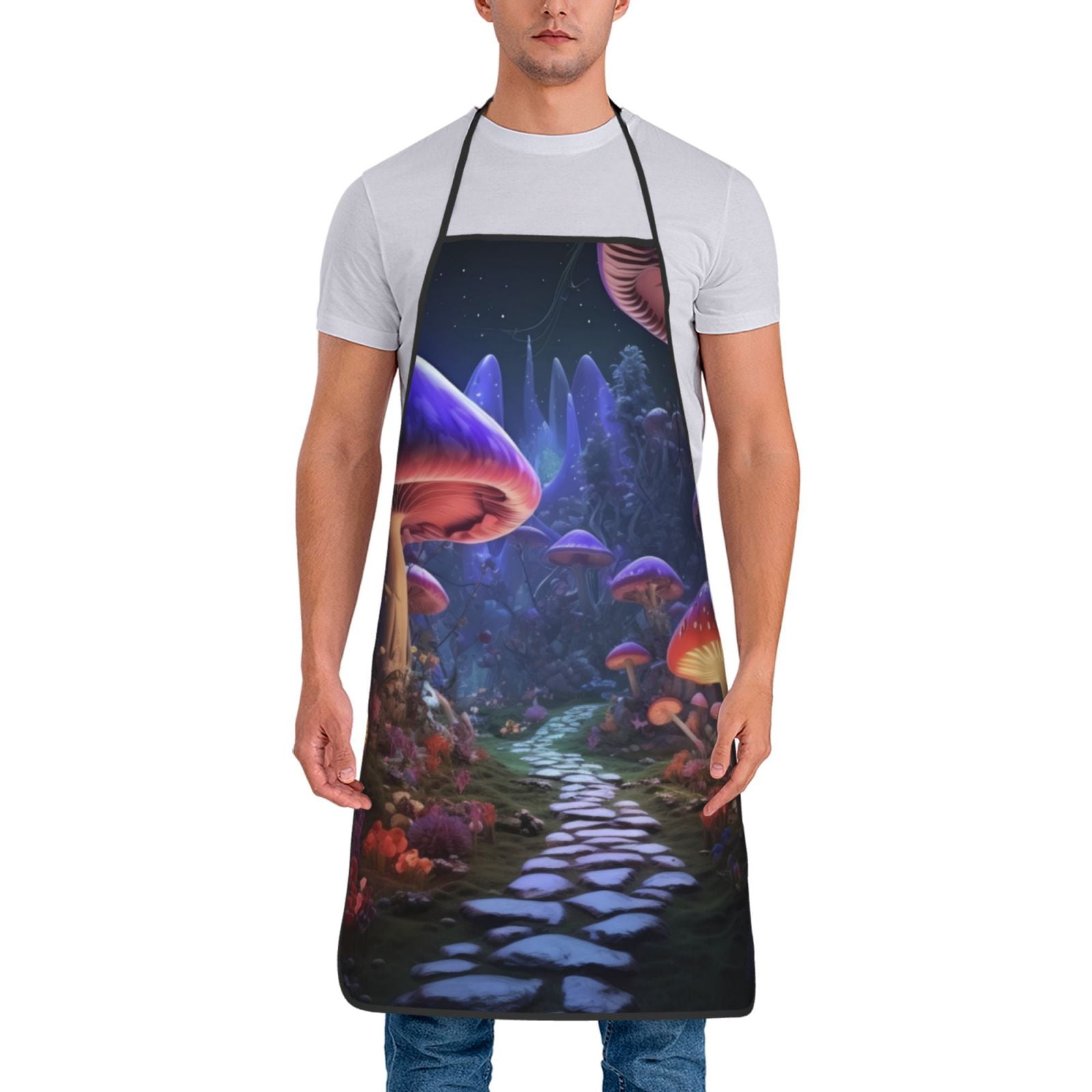 Wukai Jungle Path Glowing Mushrooms Print Aprons Adjustable Bib Aprons ...