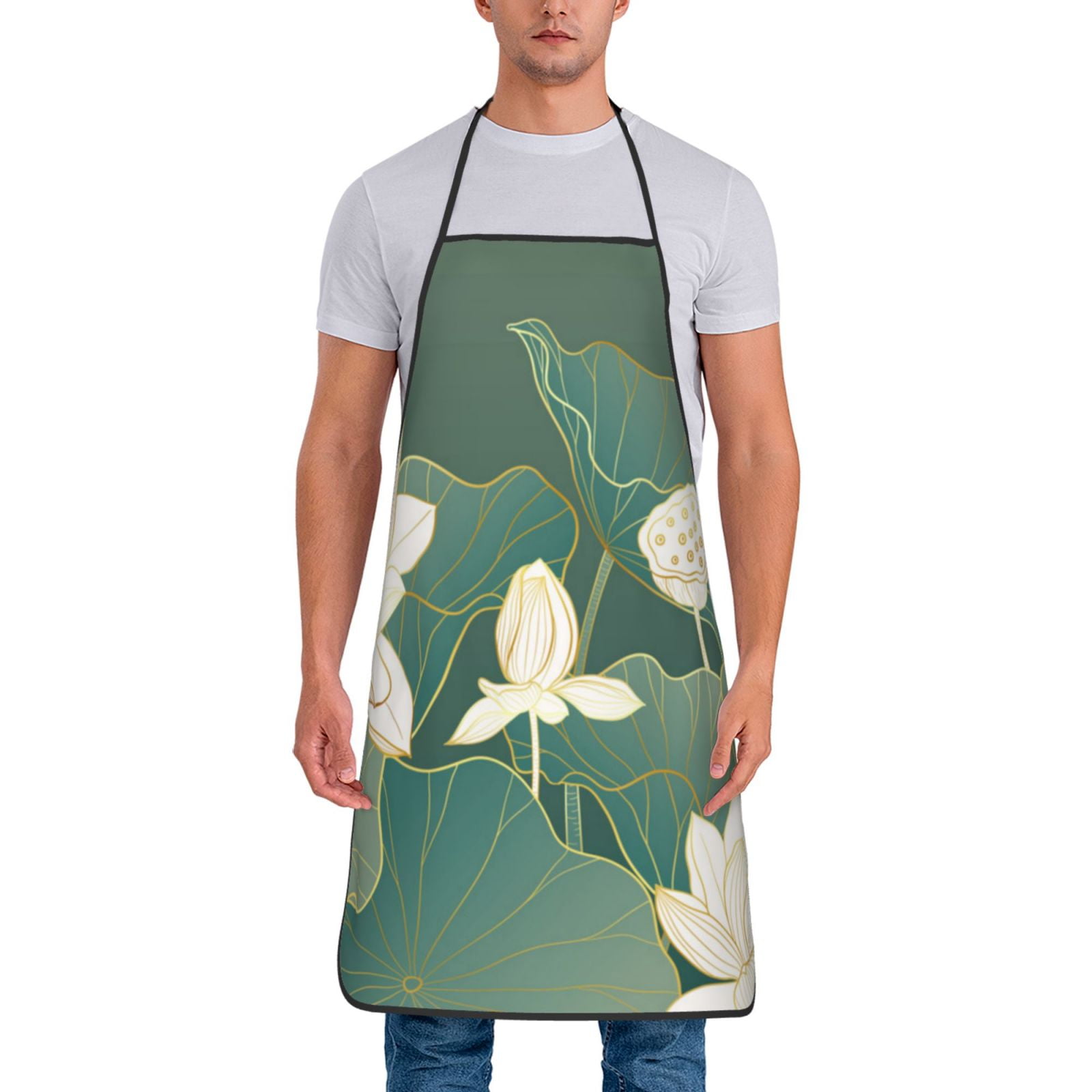 Wukai Lotus Golden Line Print Aprons Adjustable Bib Aprons Cooking ...