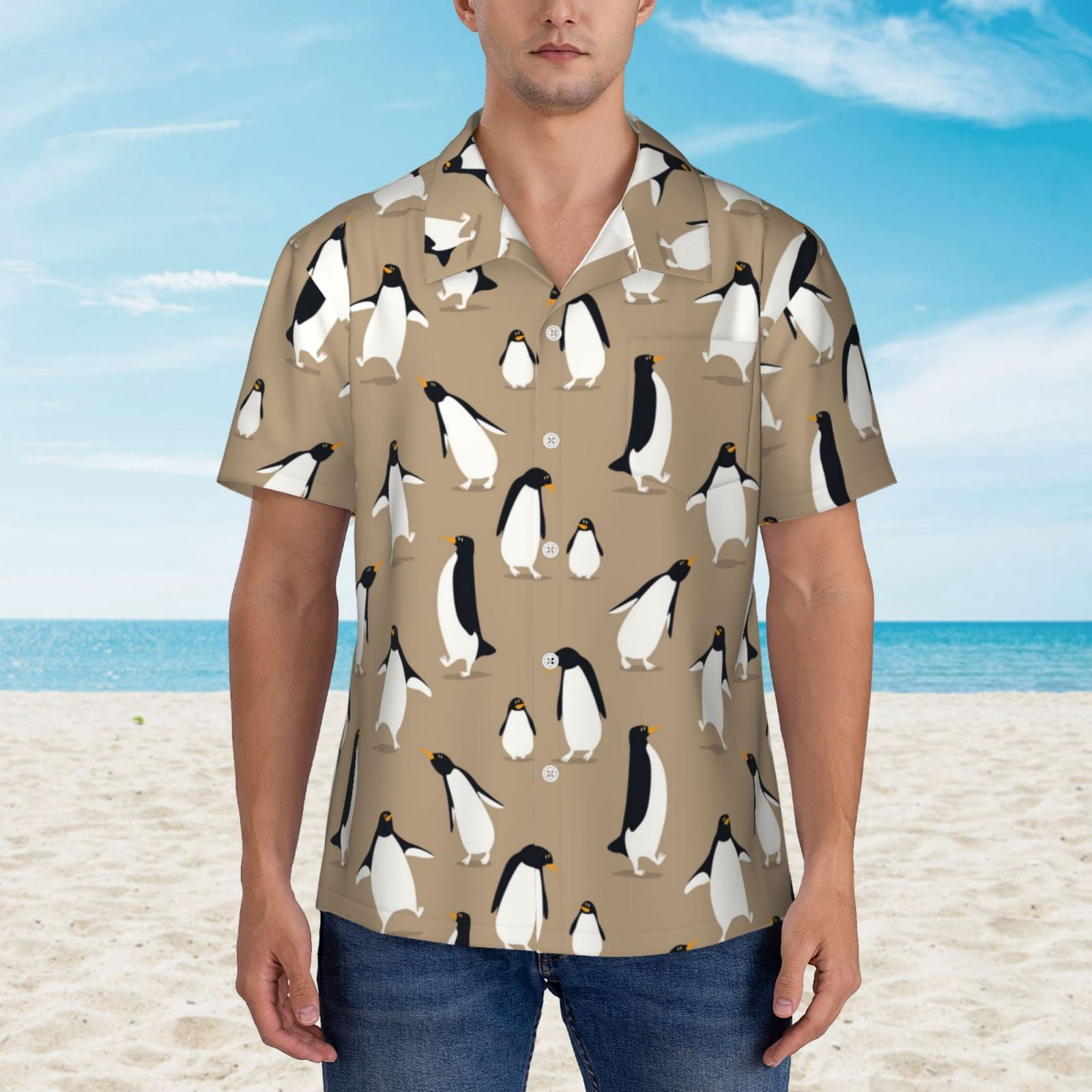 Wukai Lovely Penguin Men's Hawaiian Shirt Short Sleeve Casual Button ...