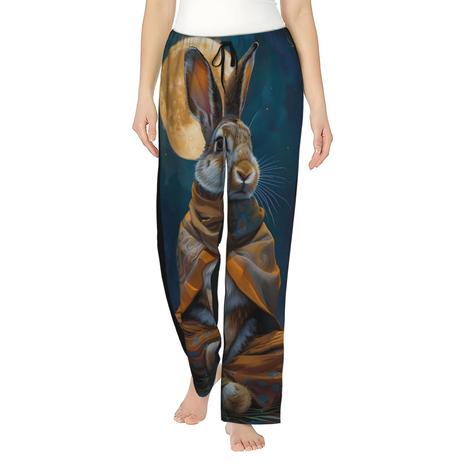 Wukai Moon Night Sky Cute Rabbit Women Pajama Pants Comfy Stretch Drawstring Palazzo Wide Leg ...