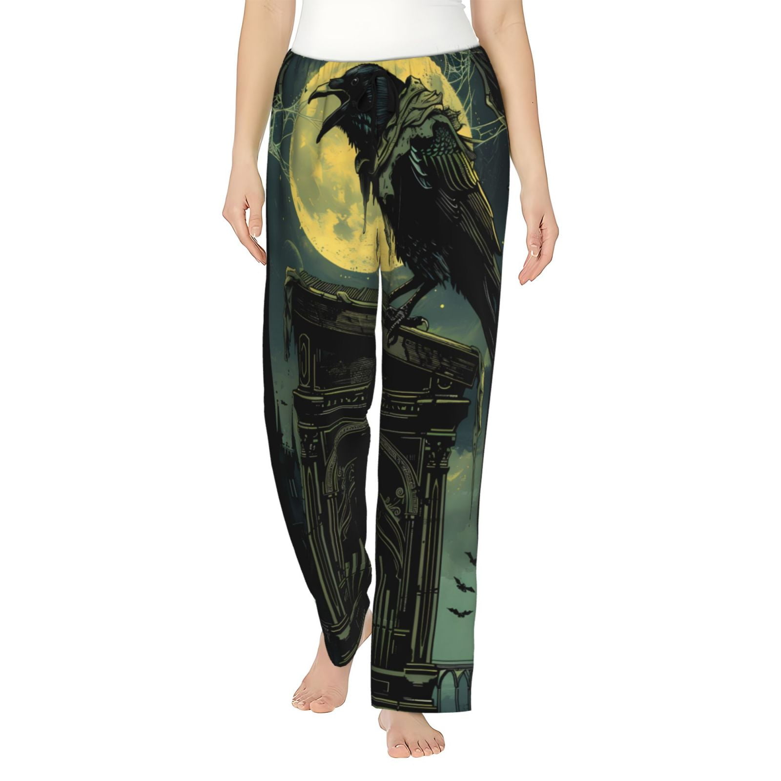 Wukai MoonNight Sky Crow Women Pajama Pants Comfy Stretch Drawstring Palazzo Wide Leg Lounge ...