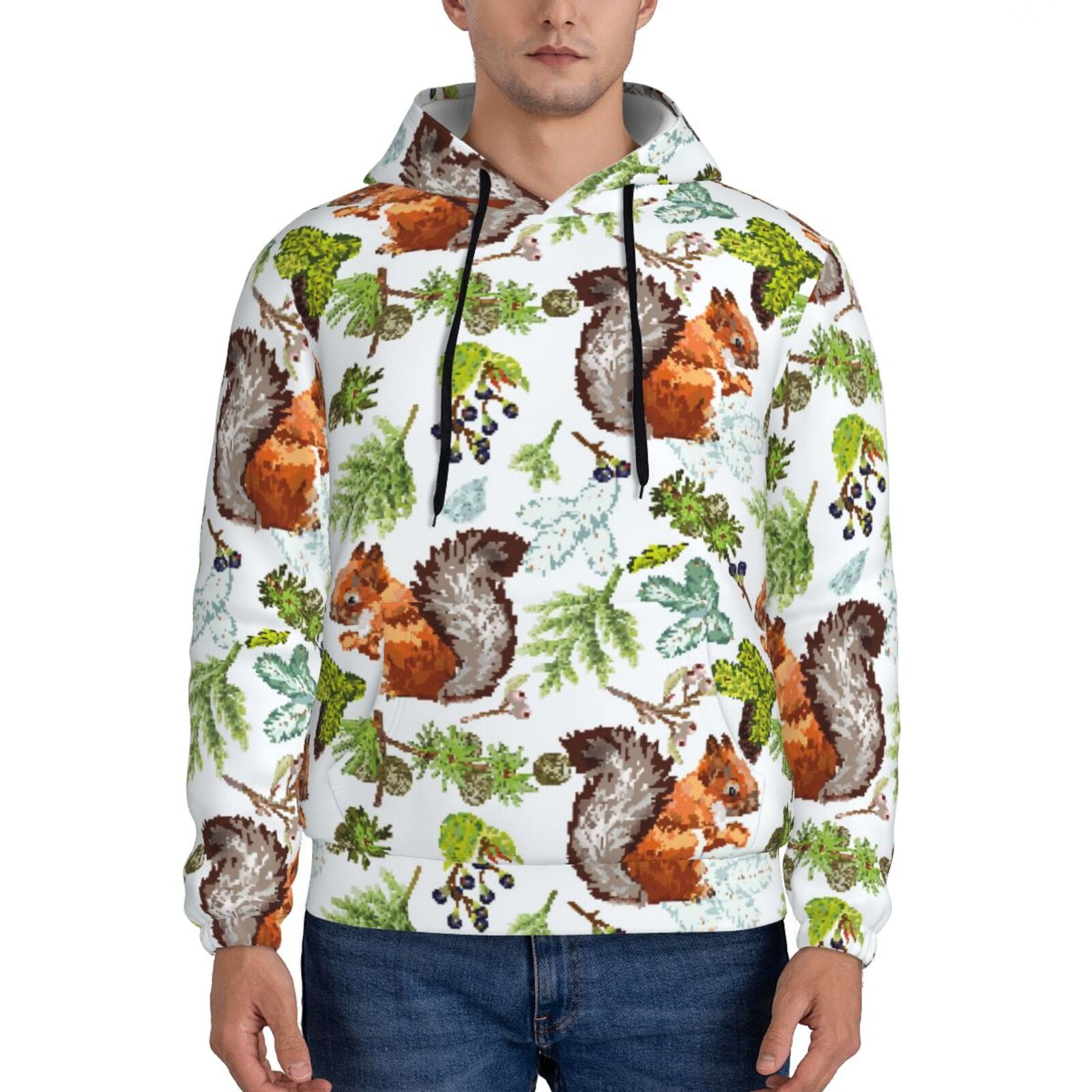 Wukai Mosaic Forest Squirrel Print Men Hoodies Fleece Sweatshirts Long ...