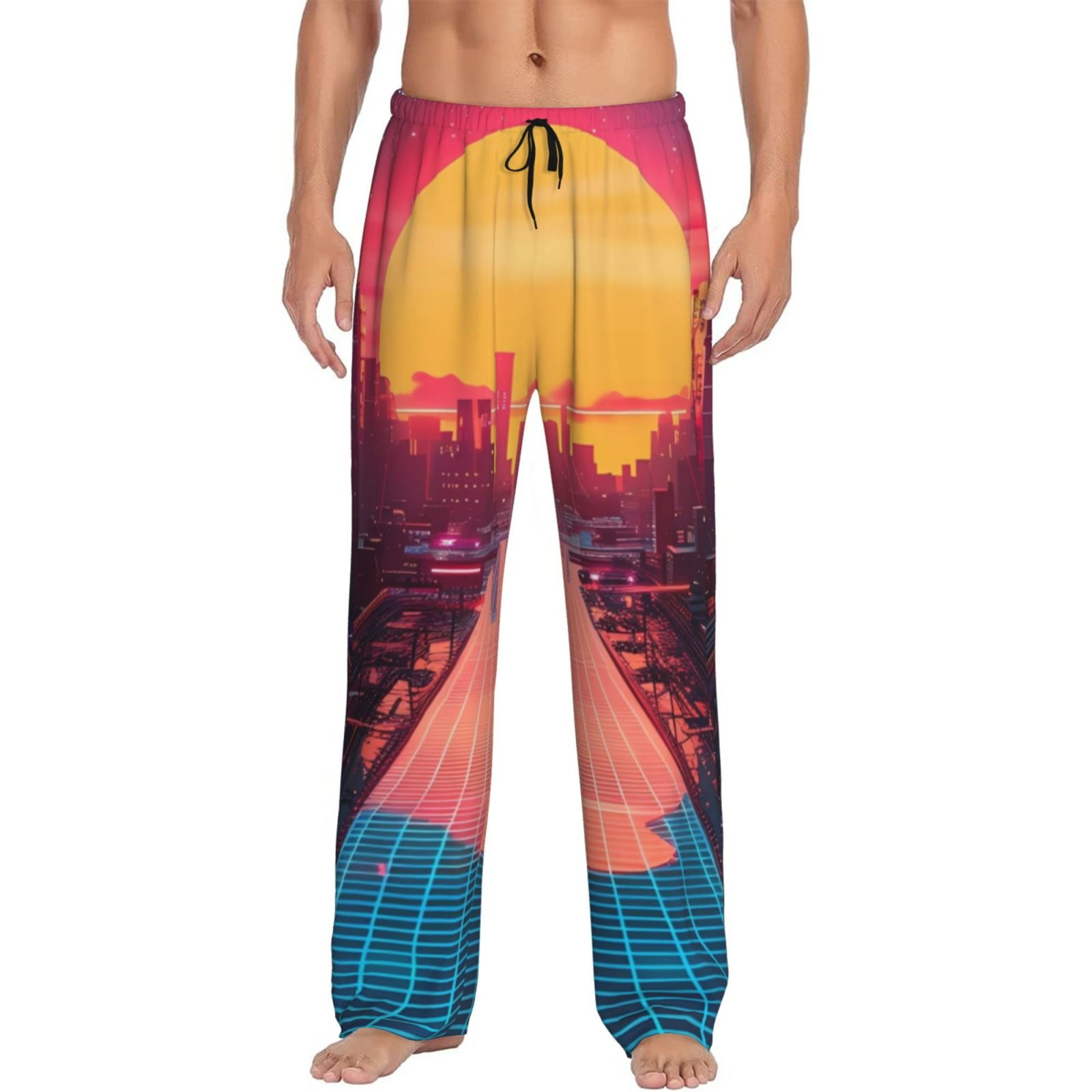 Wukai Neon Sunset Cyberpunk Cityscape Mens PJ Pajama Pants|Sleepwear Plaid PJs with Pockets|Men ...