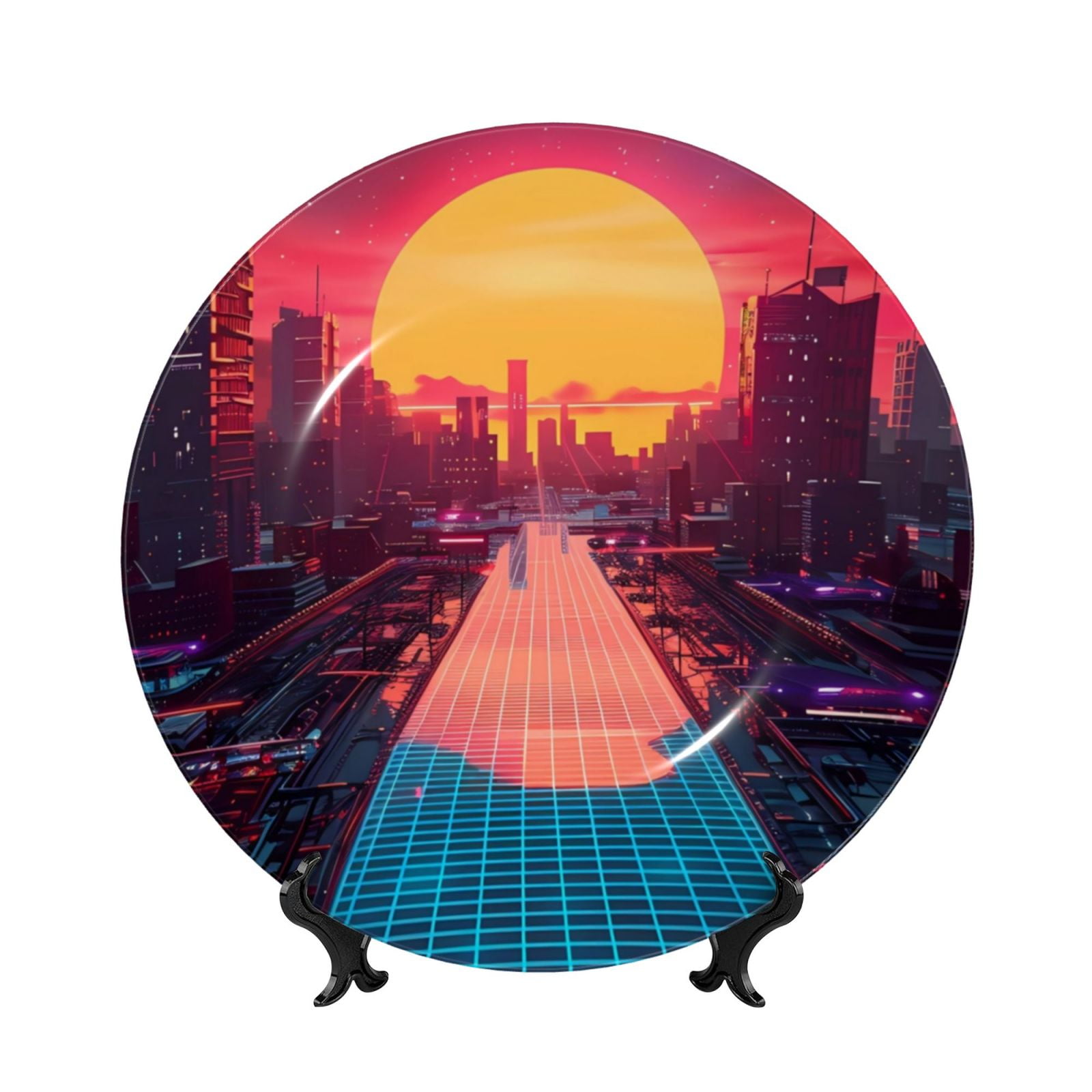 Wukai Neon Sunset Cyberpunk Cityscape Print Decorative Plate for ...