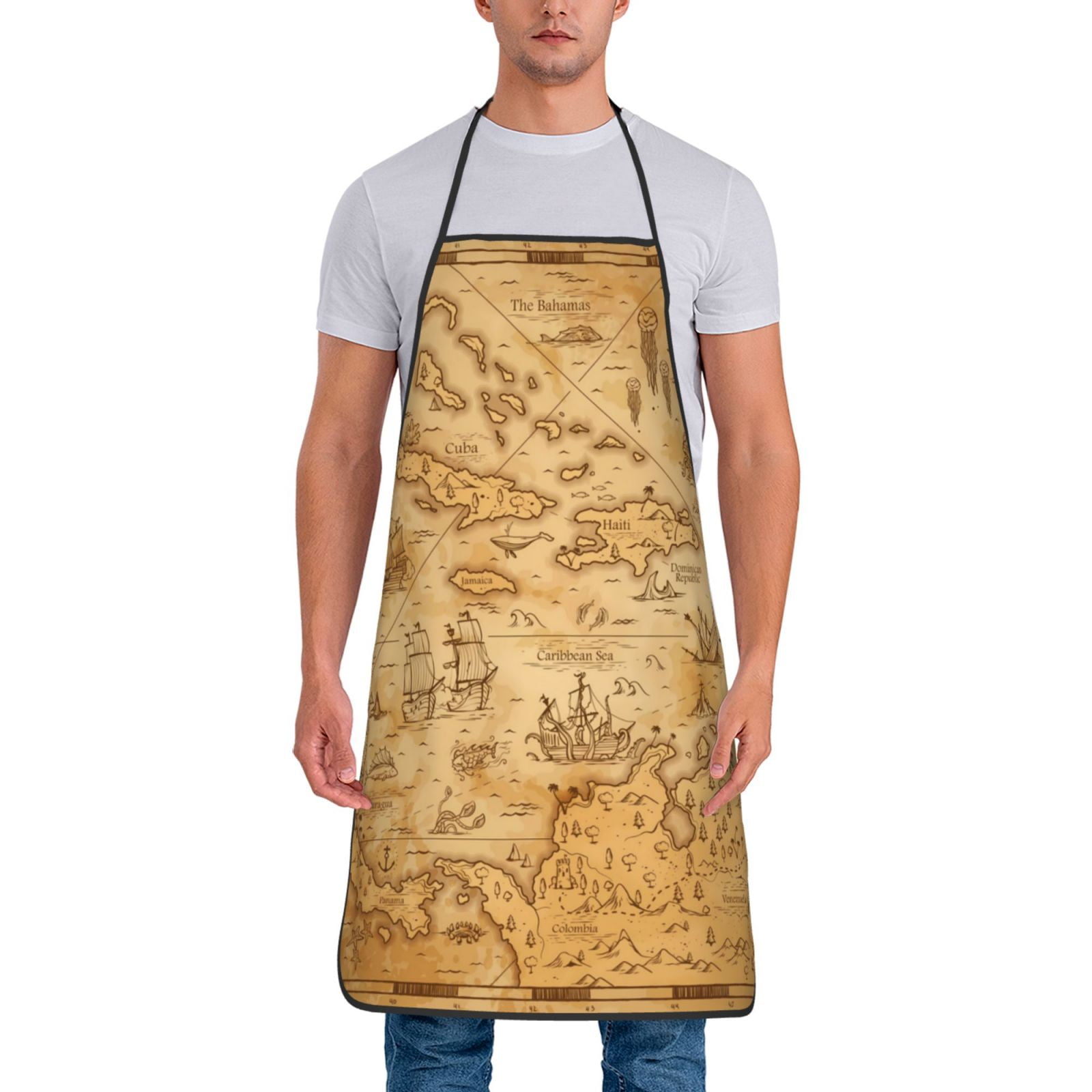 Wukai Old Vintage Map Of Sea Print Aprons Adjustable Bib Aprons Cooking ...