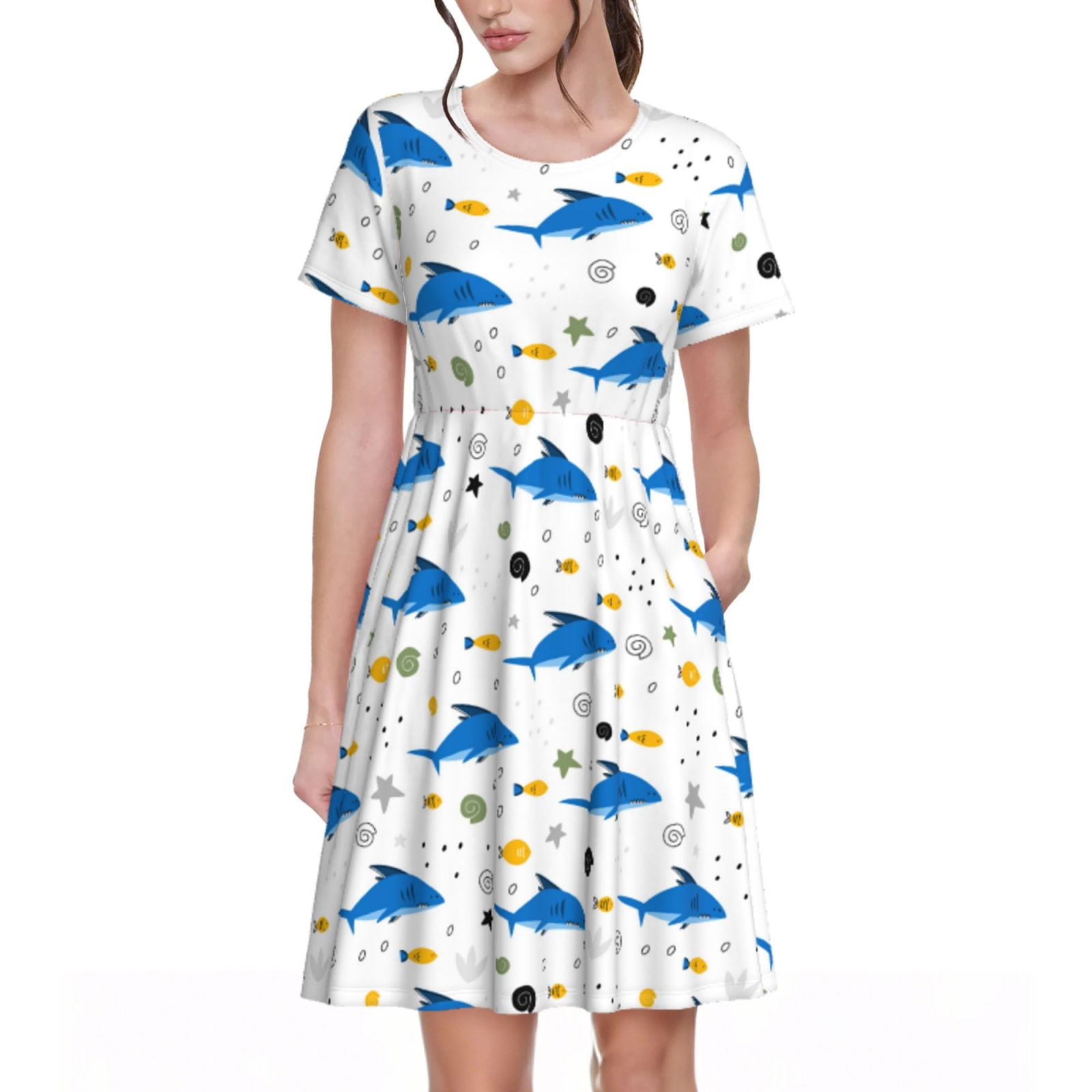Wukai Party Shark Cute Print Women’s Short Sleeve Dress, Comfortable ...
