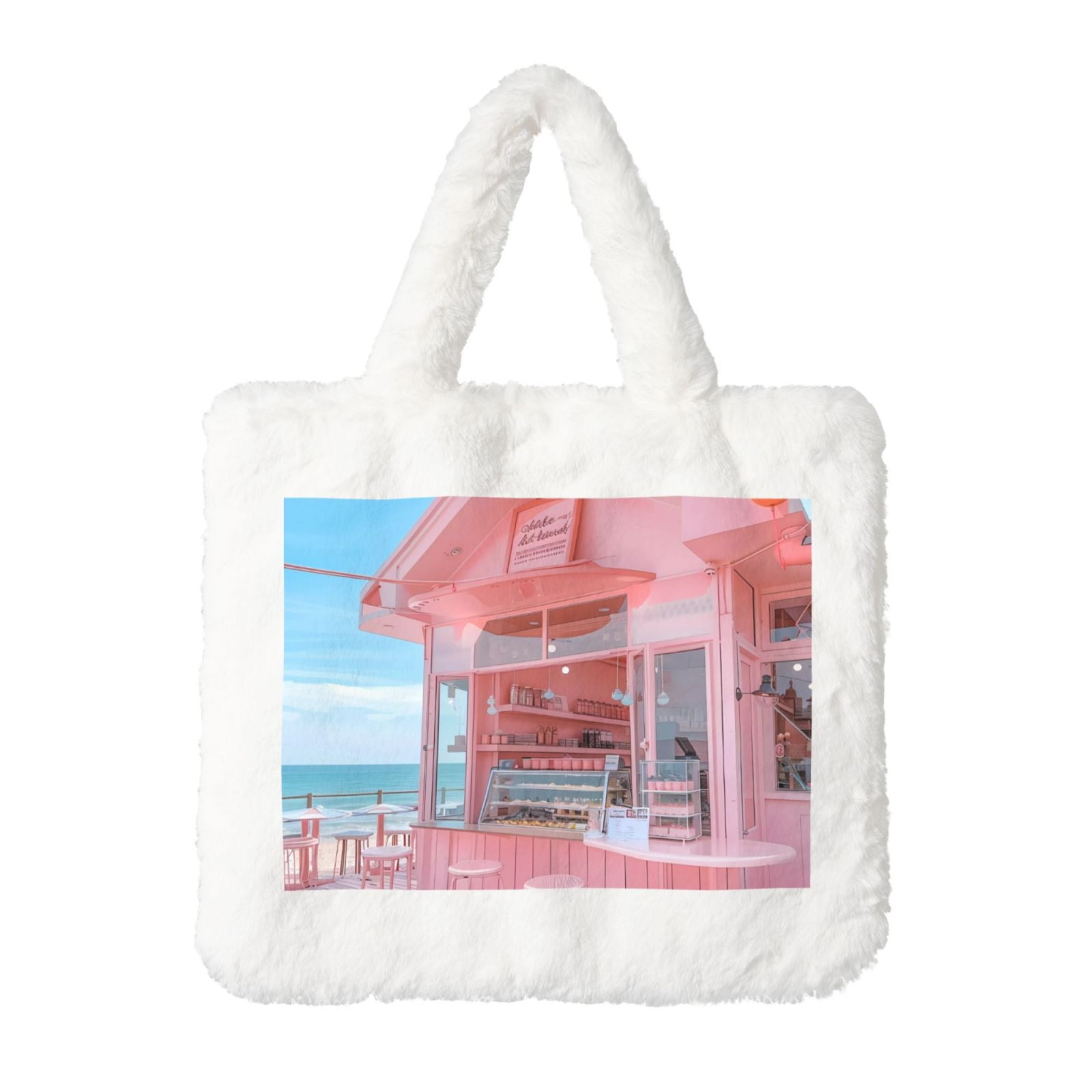Wukai Pastel Pink Beach Cafe Print Plush Underarm Bag, Ladies Fluffy ...