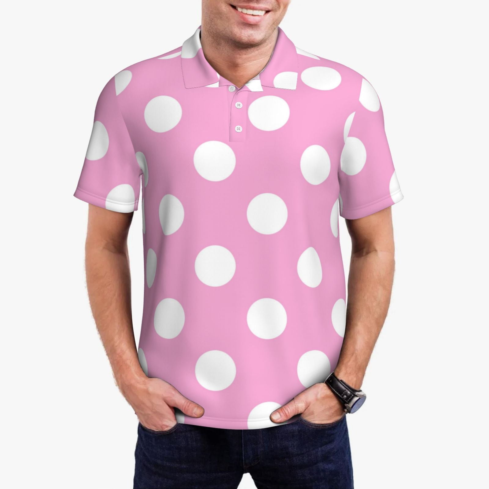 Wukai Pink And White Polka Dot Men’s Polo Shirts Sleeve,Camisas Polo ...