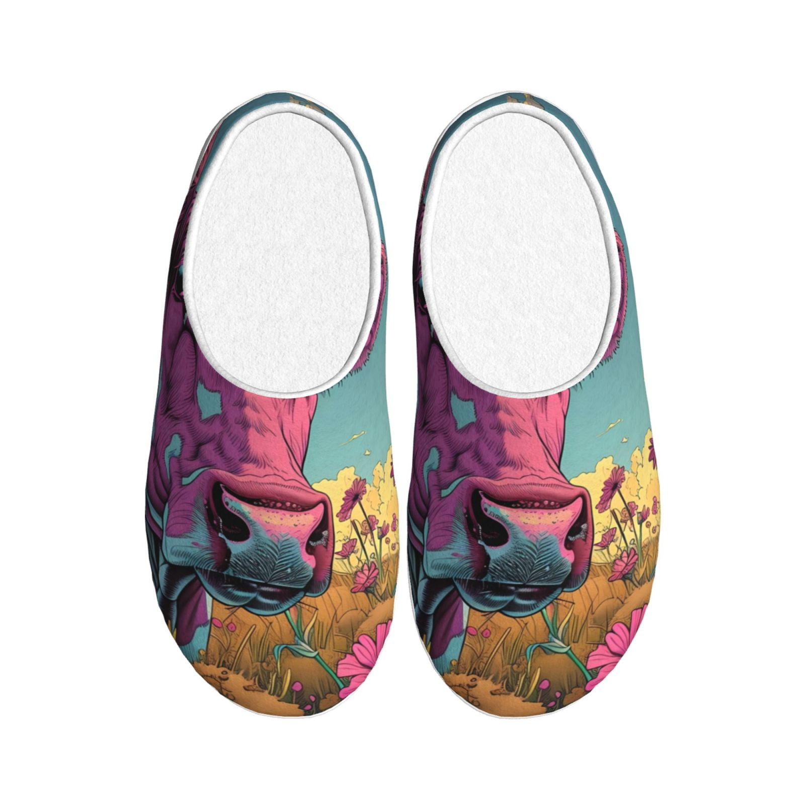 Wukai Pink Cow In Sunflower Field Print Women's Indoor Bedroom Slipper ...