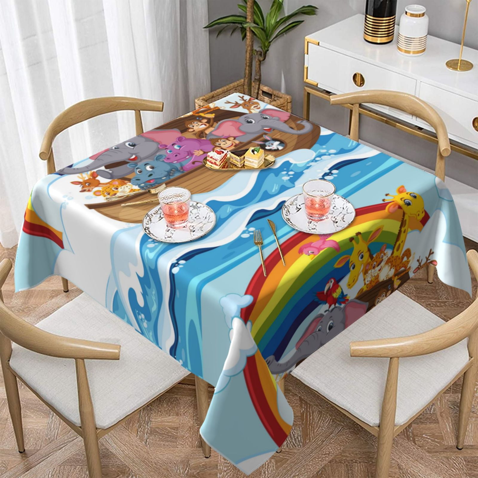 Wukai Rainbow Animals on Noah's Ark Waterproof Tablecloth for Kitchen ...