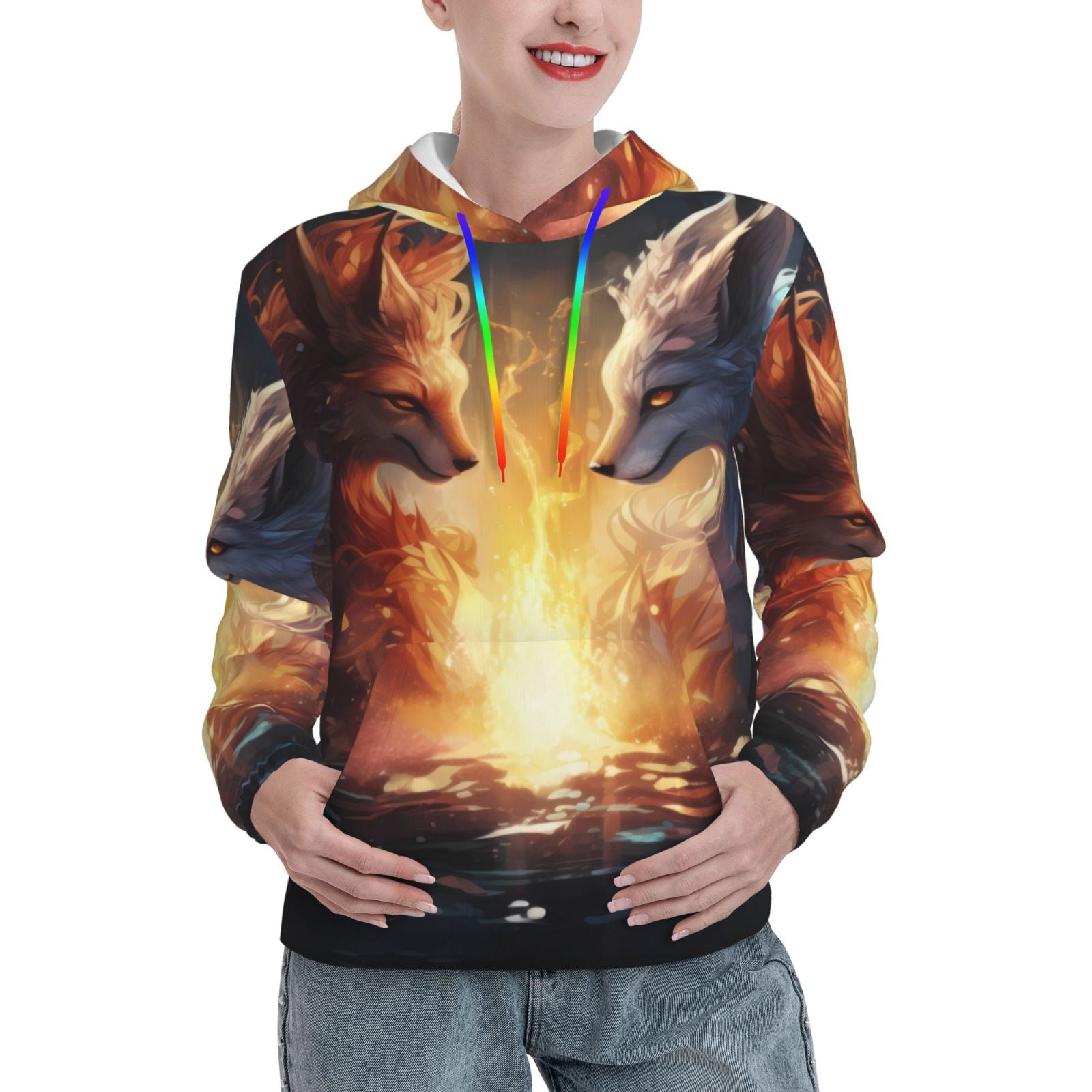 Wukai Red And White Flame Fox Print Womens Hoodies Fleece Sweatshirts ...