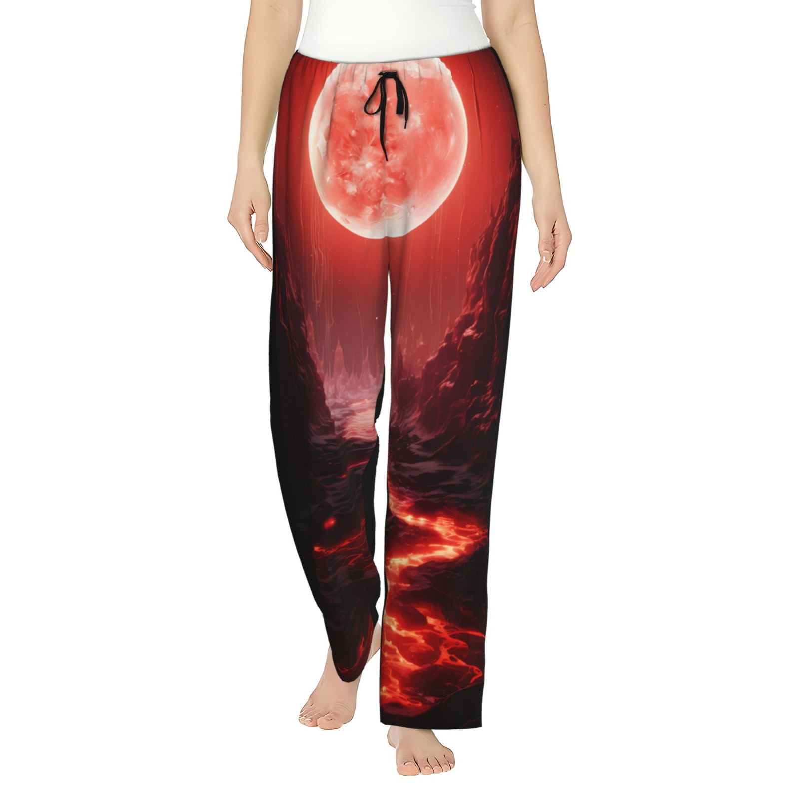 Wukai Red Moon Lava Women Pajama Pants Comfy Stretch Drawstring Palazzo ...