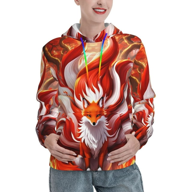 Wukai Red Sun Flame Fox Print Womens Hoodies Fleece Sweatshirts Long ...