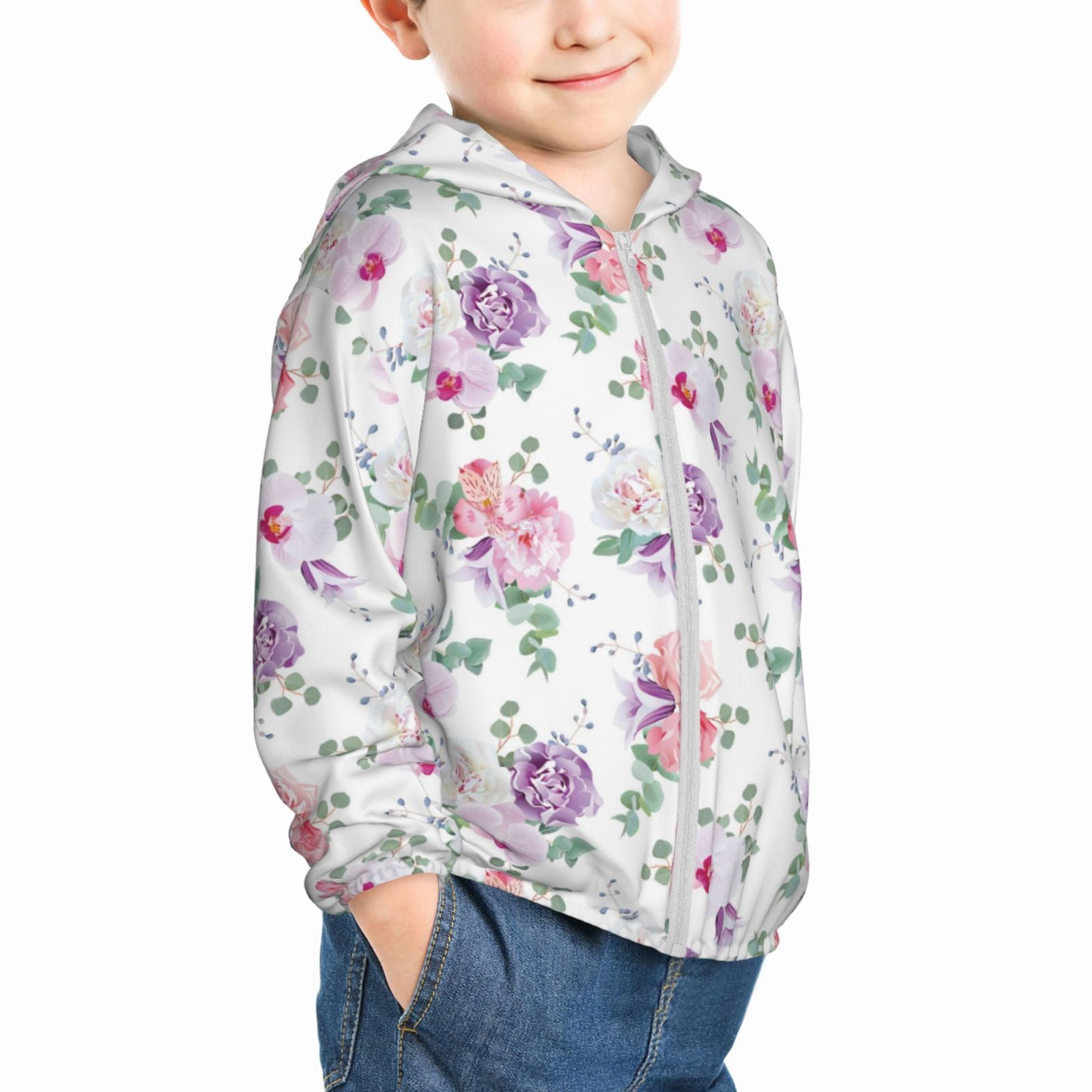 Wukai Rose Flower B Print Kids Sun Protection Hoodie Zip-Up Jackets ...