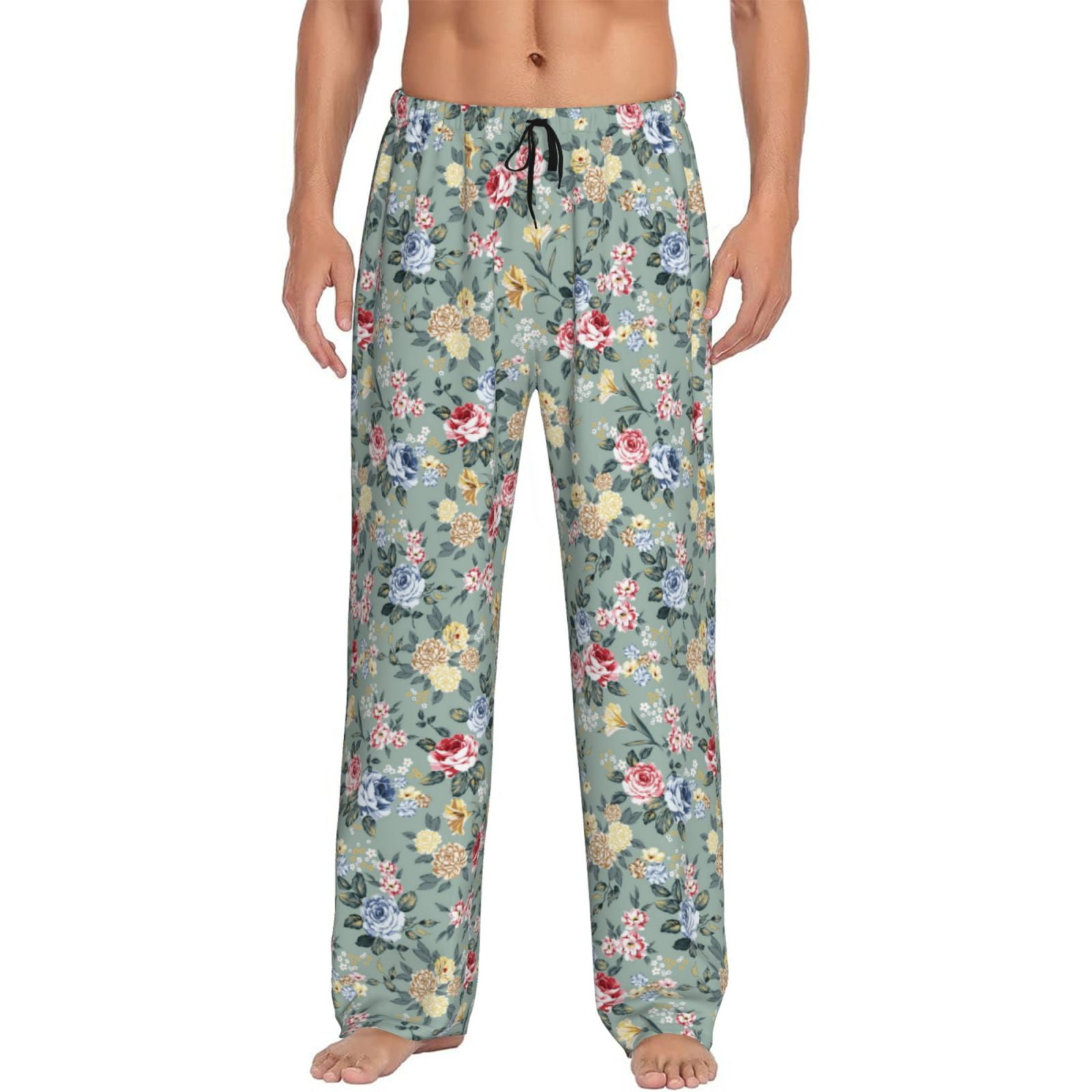 Wukai Rose Flowers Mens PJ Pajama Pants|Sleepwear Plaid PJs with Pockets|Men's Lightweight Open ...