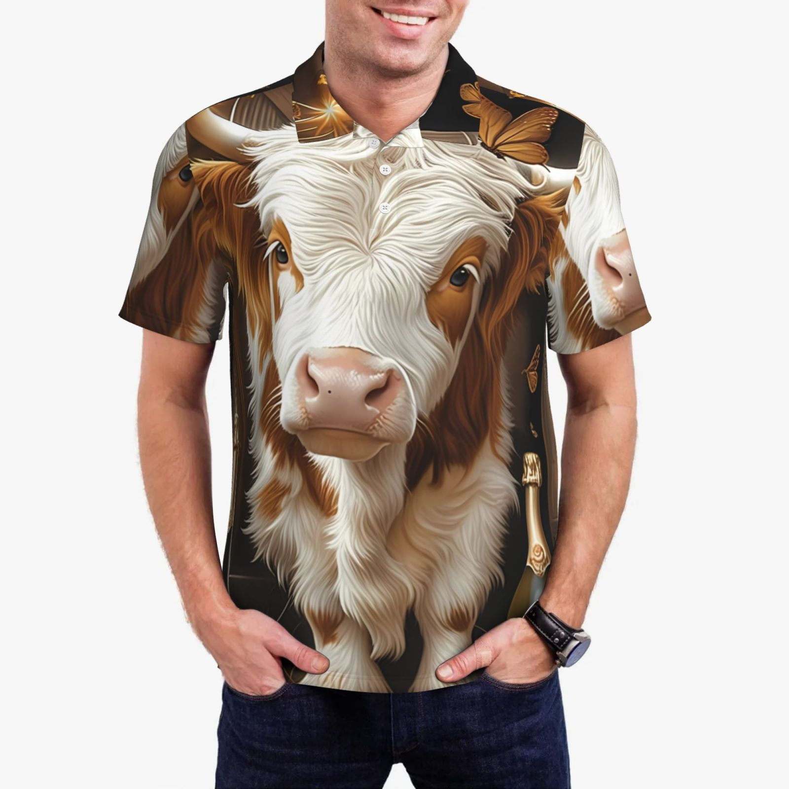 Wukai Rustic Cow Butterflies Champagne Men’s Polo Shirts Sleeve,Camisas ...