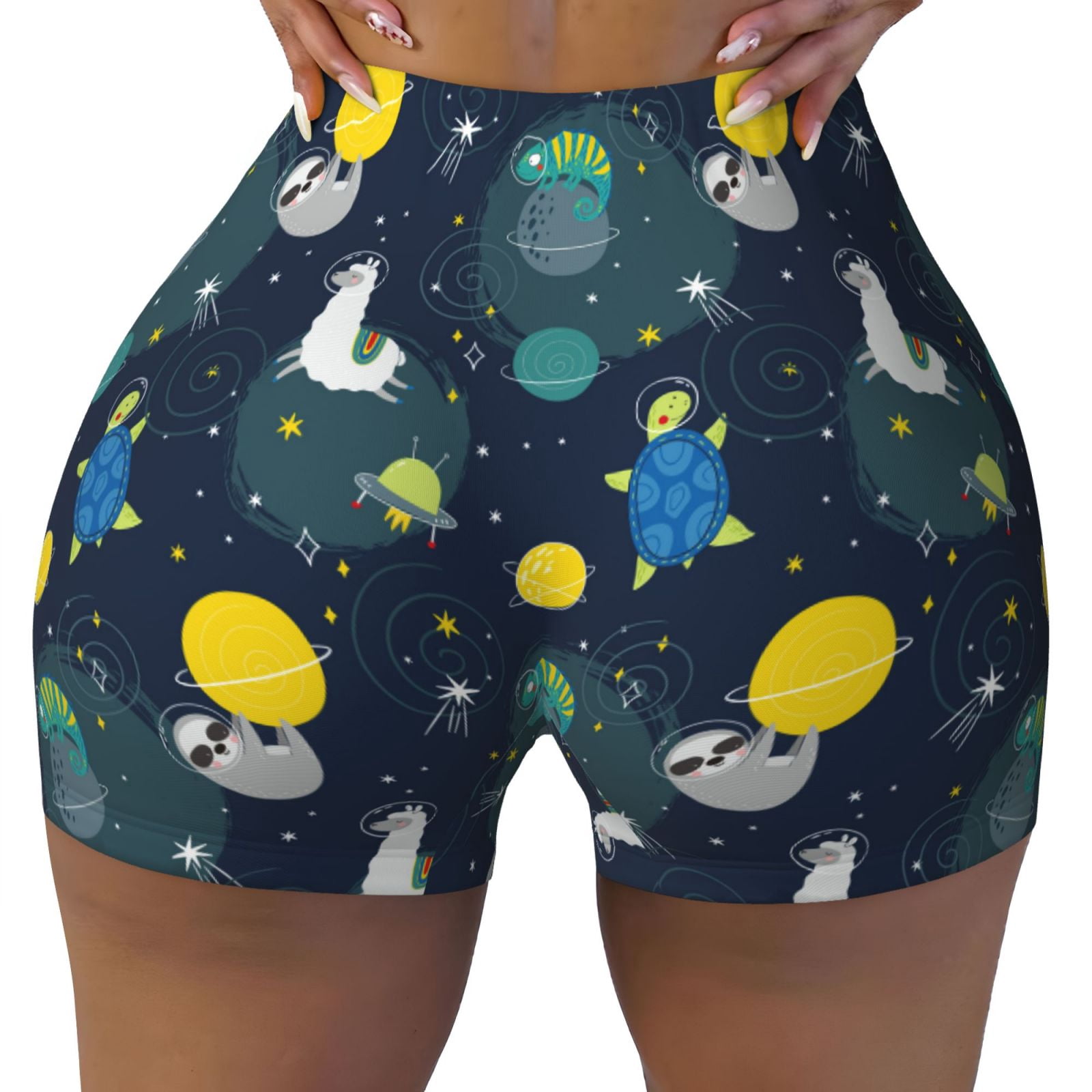 Wukai Space and Animals Print Pack Biker Shorts for Women Yoga Workout ...