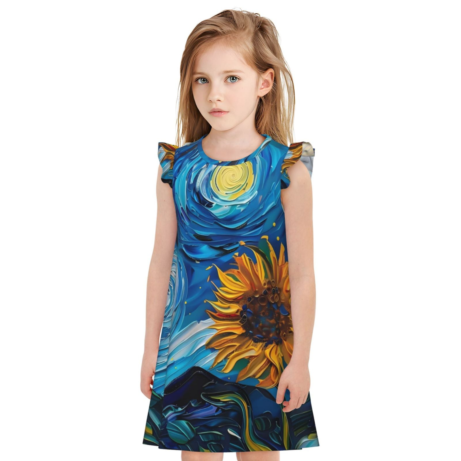 Wukai Starry Night Sunflower Field Print Girls Nightgowns Pajamas Dress ...