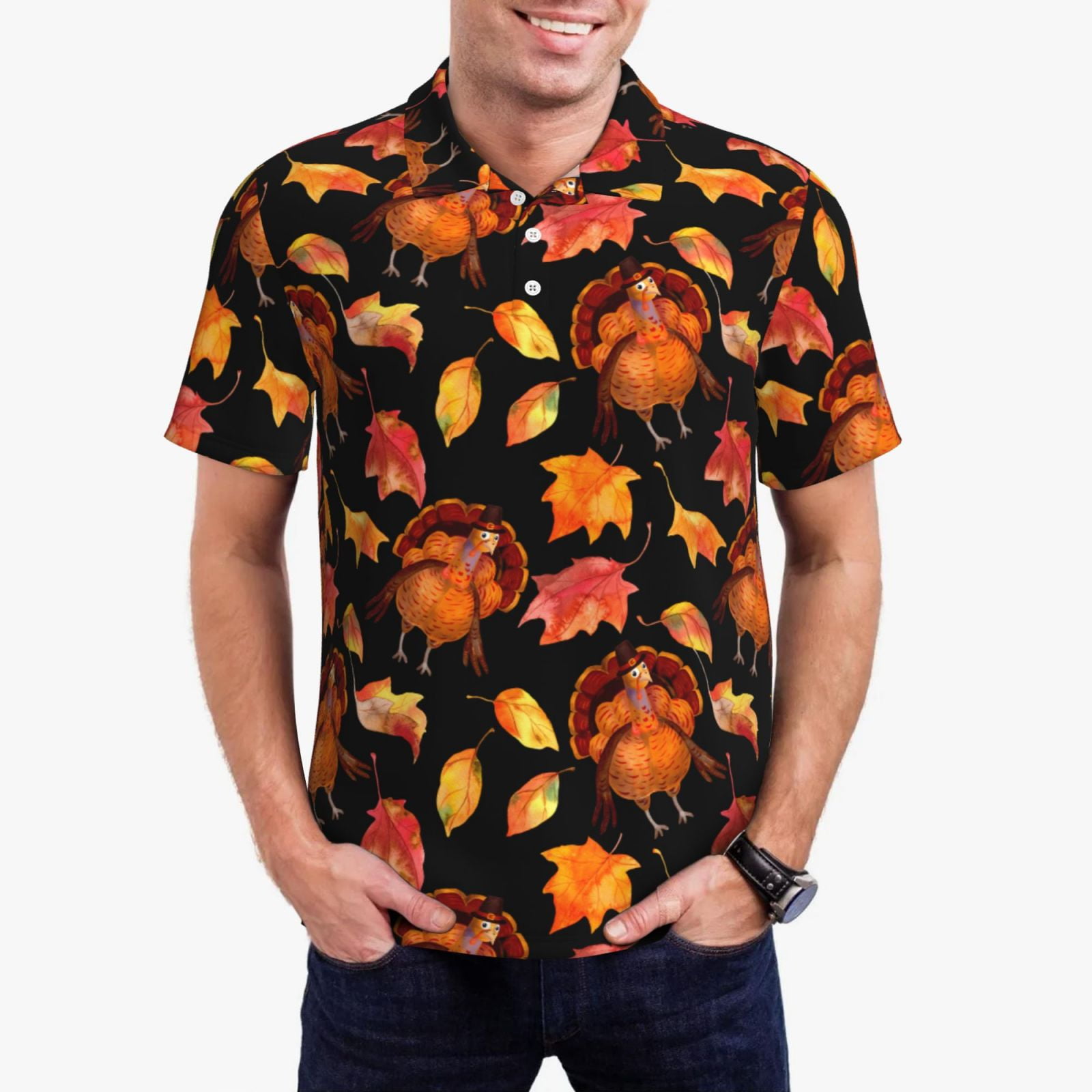 Wukai Thanksgiving Turkey 1 Men’s Polo Shirts Sleeve,Camisas Polo Para ...
