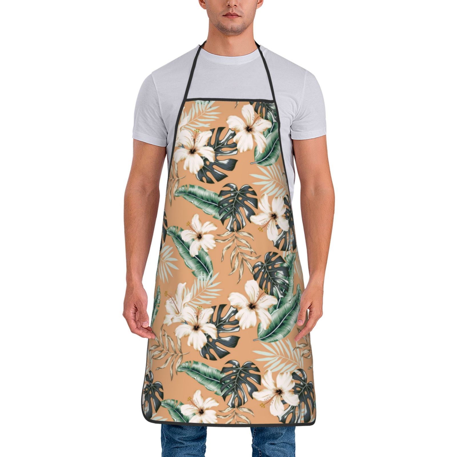 Wukai Tropical Leaves Flower Print Aprons Adjustable Bib Aprons Cooking ...