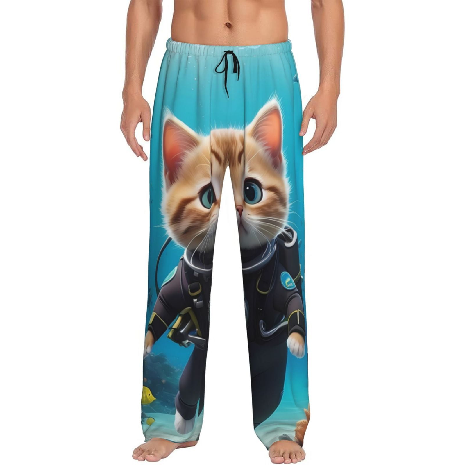 Wukai Underwater Diving Cat Mens PJ Pajama Pants|Sleepwear Plaid PJs ...