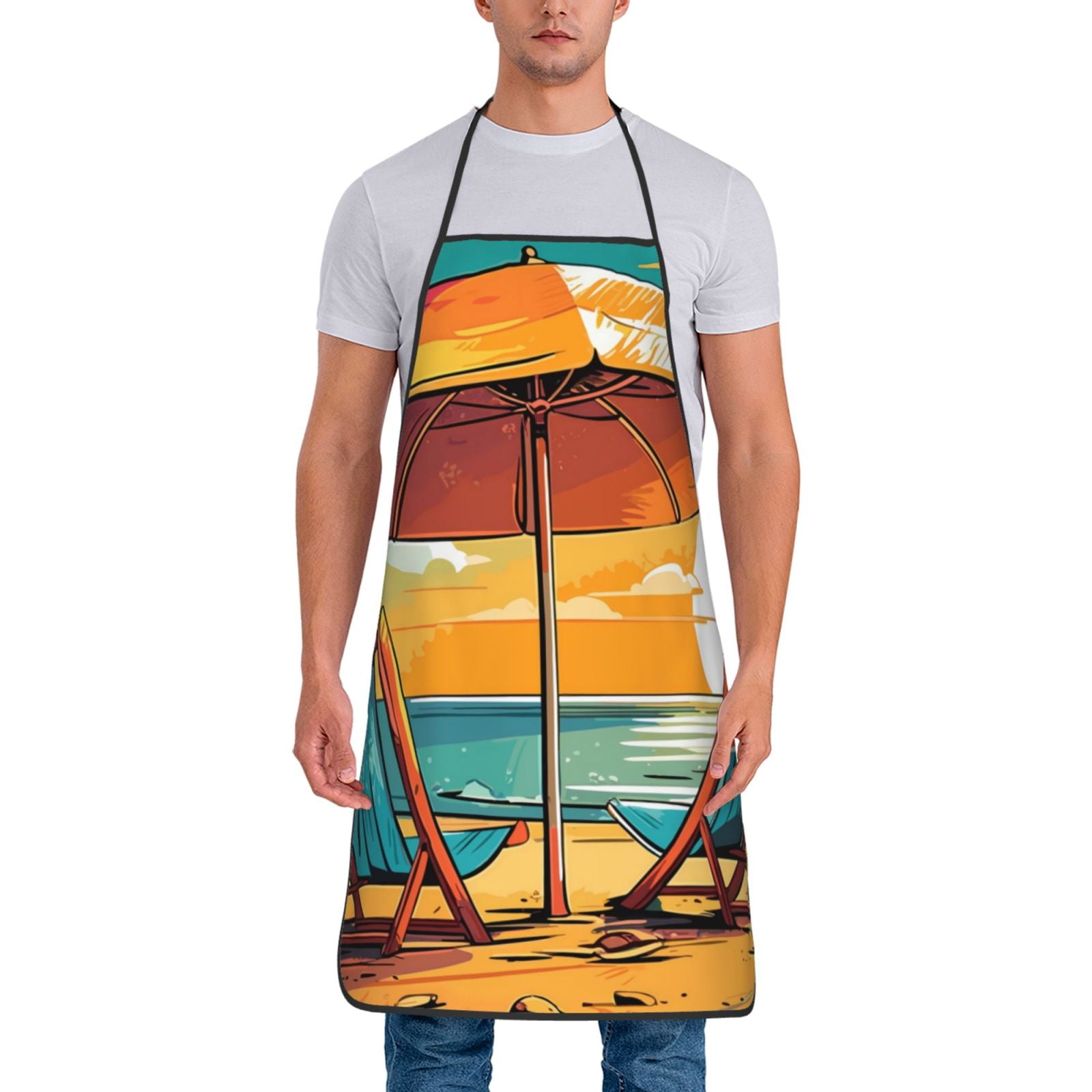 Wukai Vintage Beach Sunset Print Aprons Adjustable Bib Aprons Cooking ...