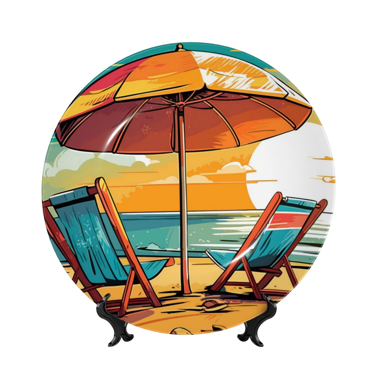 Wukai Vintage Beach Sunset Print Decorative Plate for Display,Bone ...