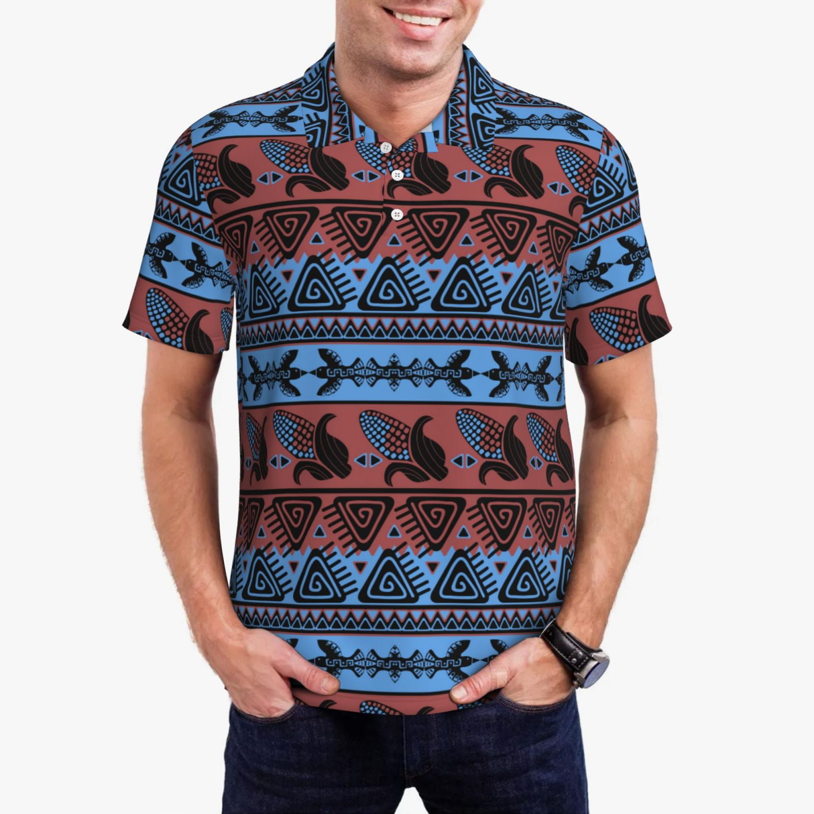 Wukai Vintage Corn Pattern in Red Blue Men’s Polo Shirts Sleeve,Camisas ...