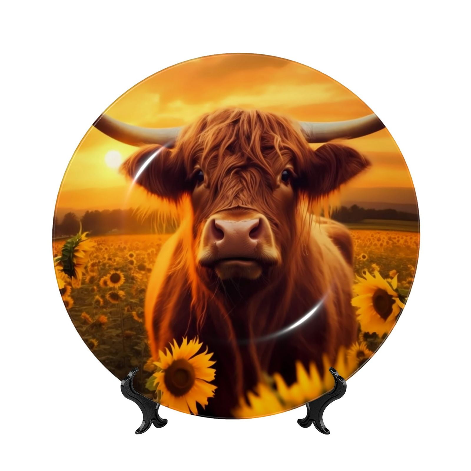 Wukai Vintage Sunflower Cow A Print Decorative Plate for Display,Bone ...