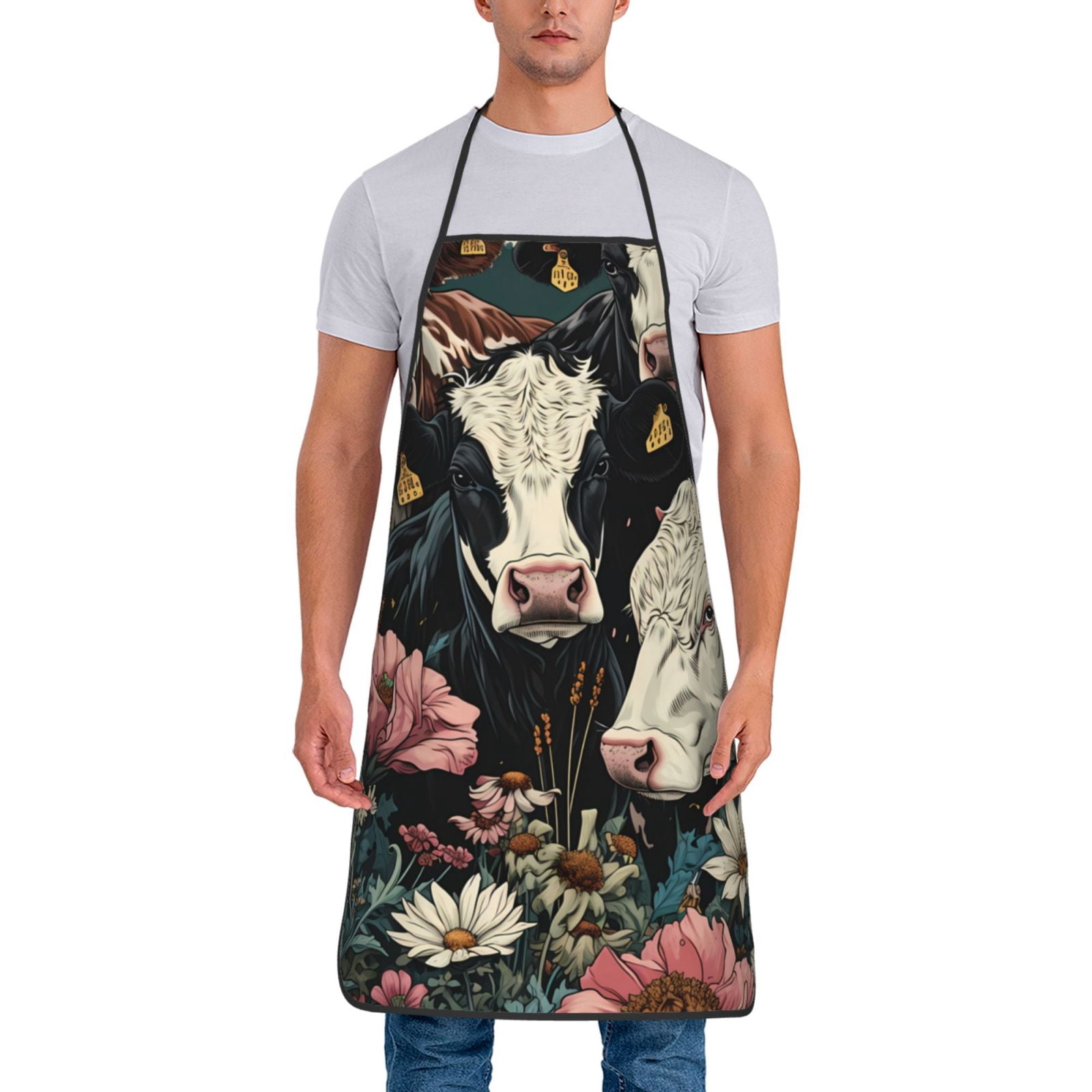 Wukai Vintage Sunflower Cow Print Aprons Adjustable Bib Aprons Cooking ...
