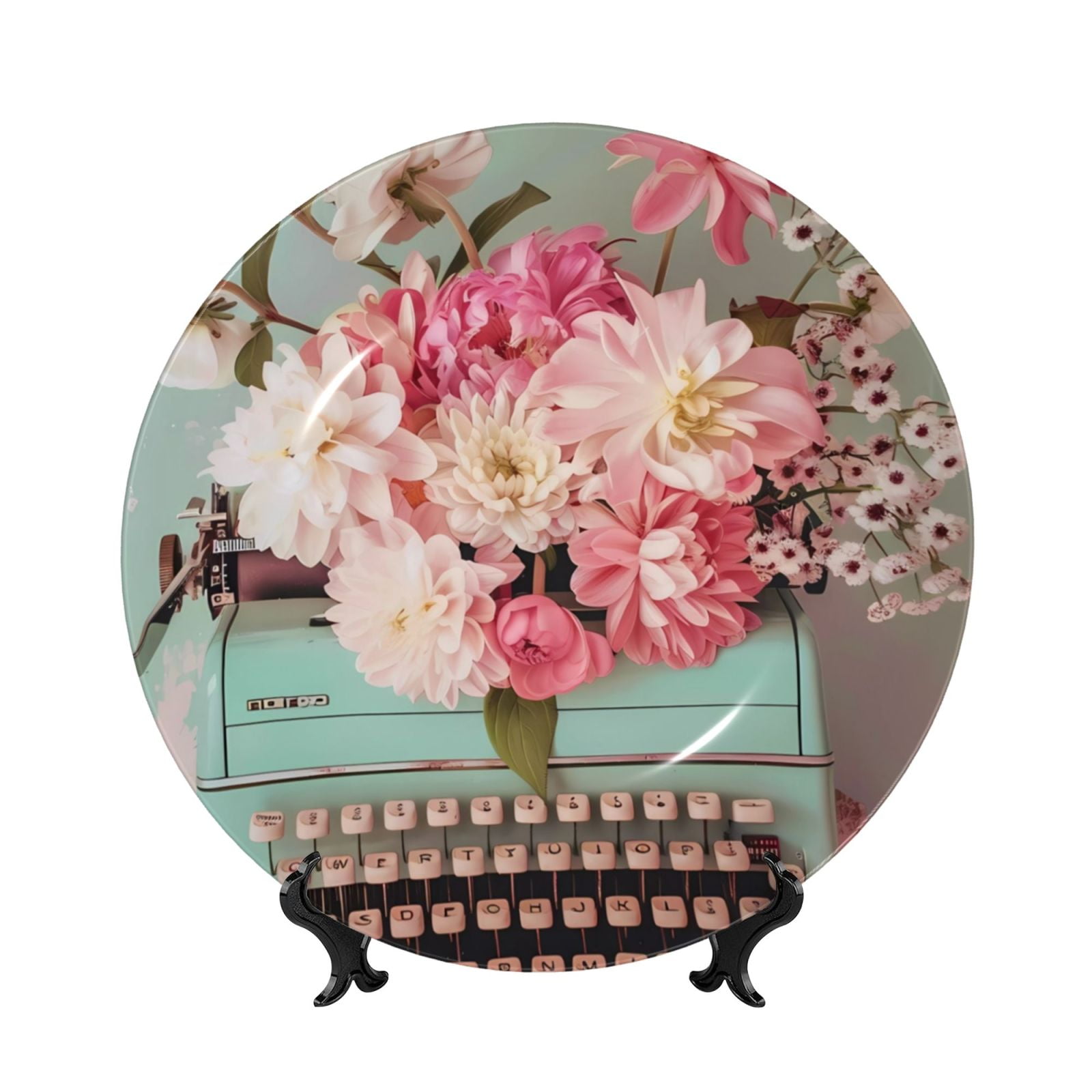Wukai Vintage Typewriter Floral Print Decorative Plate for Display,Bone ...