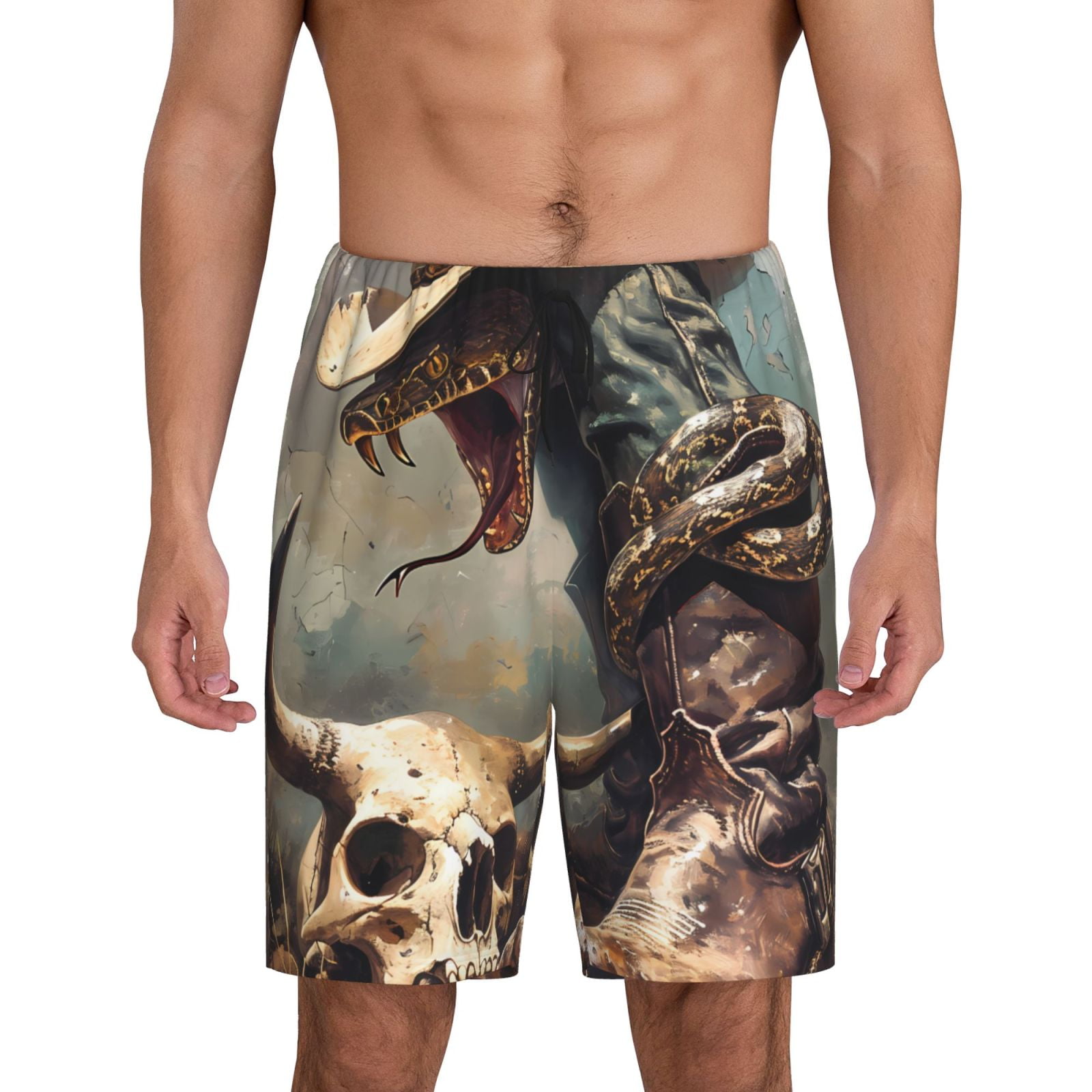Wukai Western Cowboy Snake Ram Skull Men’s Short Pajama Pants With ...