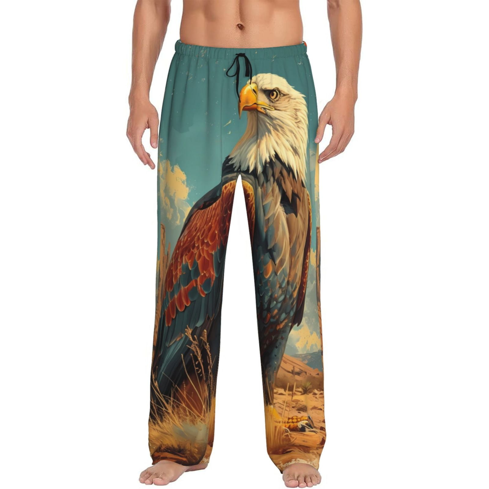 Wukai Western Desert Cactus Bald Eagle Mens PJ Pajama Pants|Sleepwear Plaid PJs with Pockets|Men ...