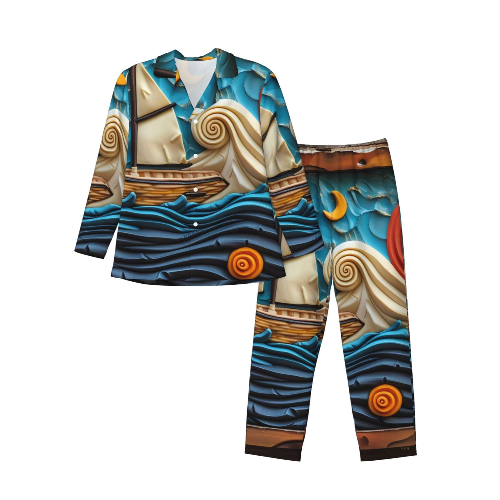 Wukai Whimsical Sailboat Ocean Art Men's Long Sleeve Pajama Set,Long ...