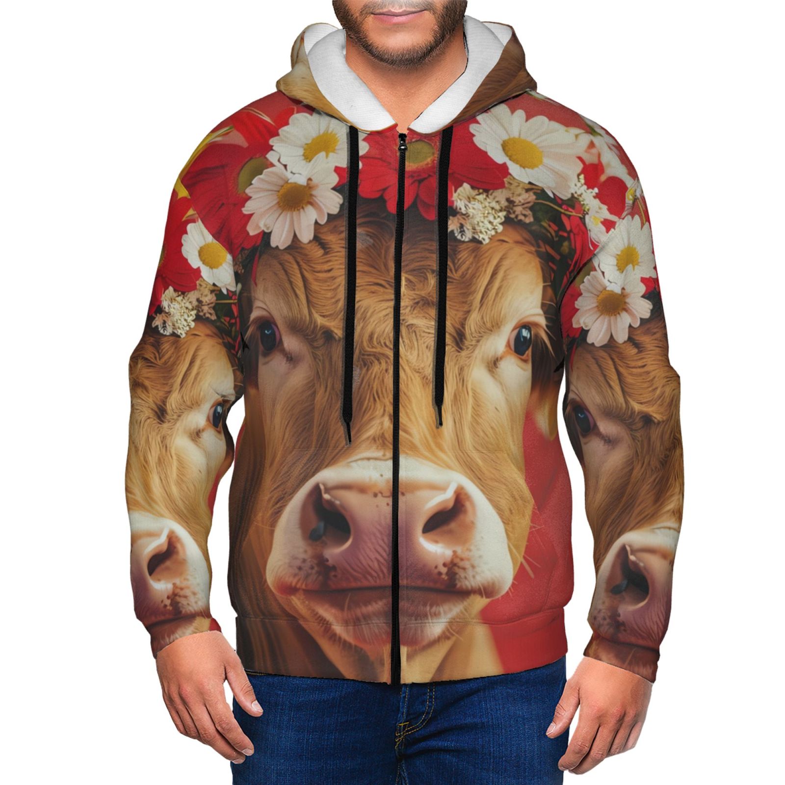 Wukai White And Red Daisy Cow Print Men's Zip-Up Hoodie,Fleece Full-Zip ...