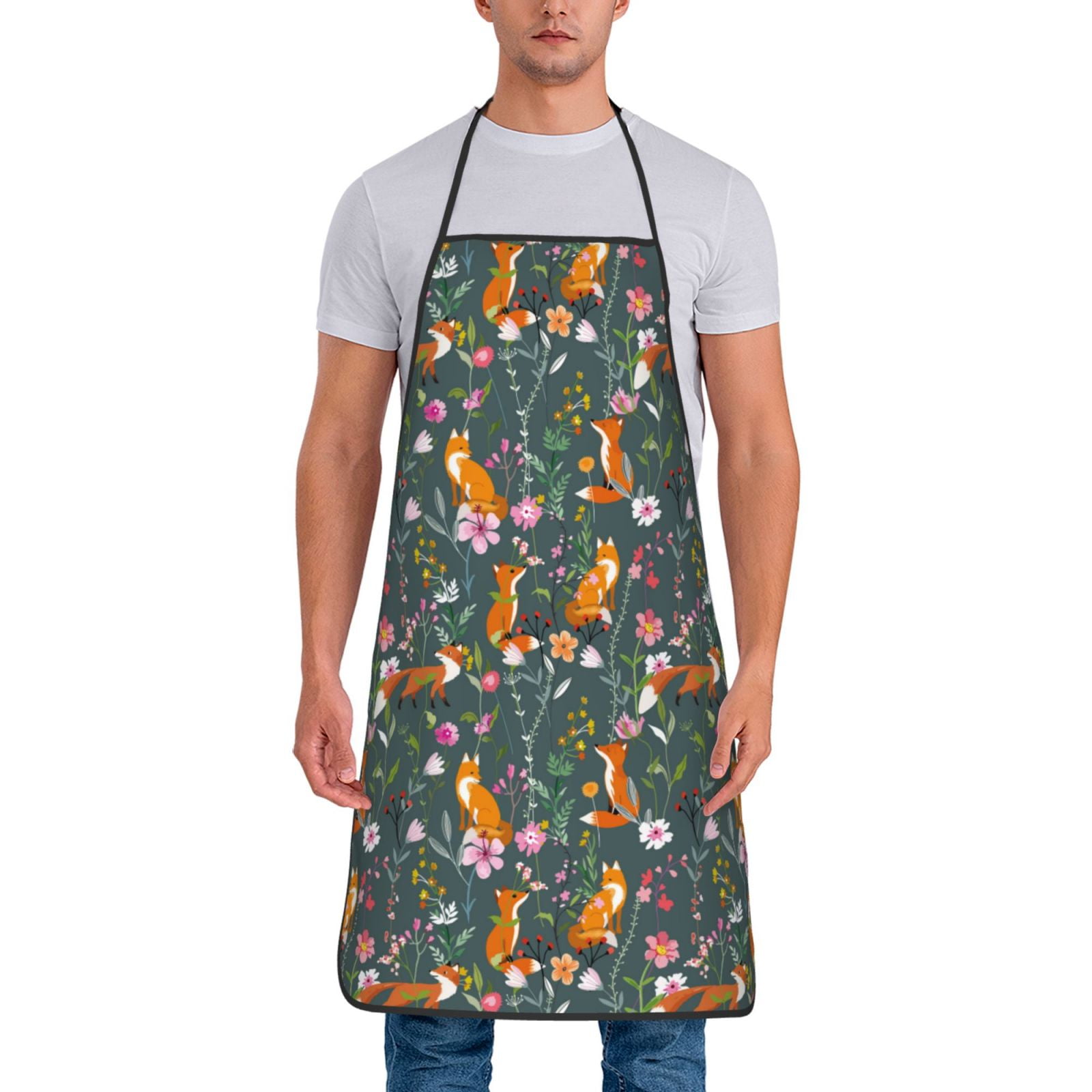 Wukai Wolf Fox In Flower Forest Print Aprons Adjustable Bib Aprons ...