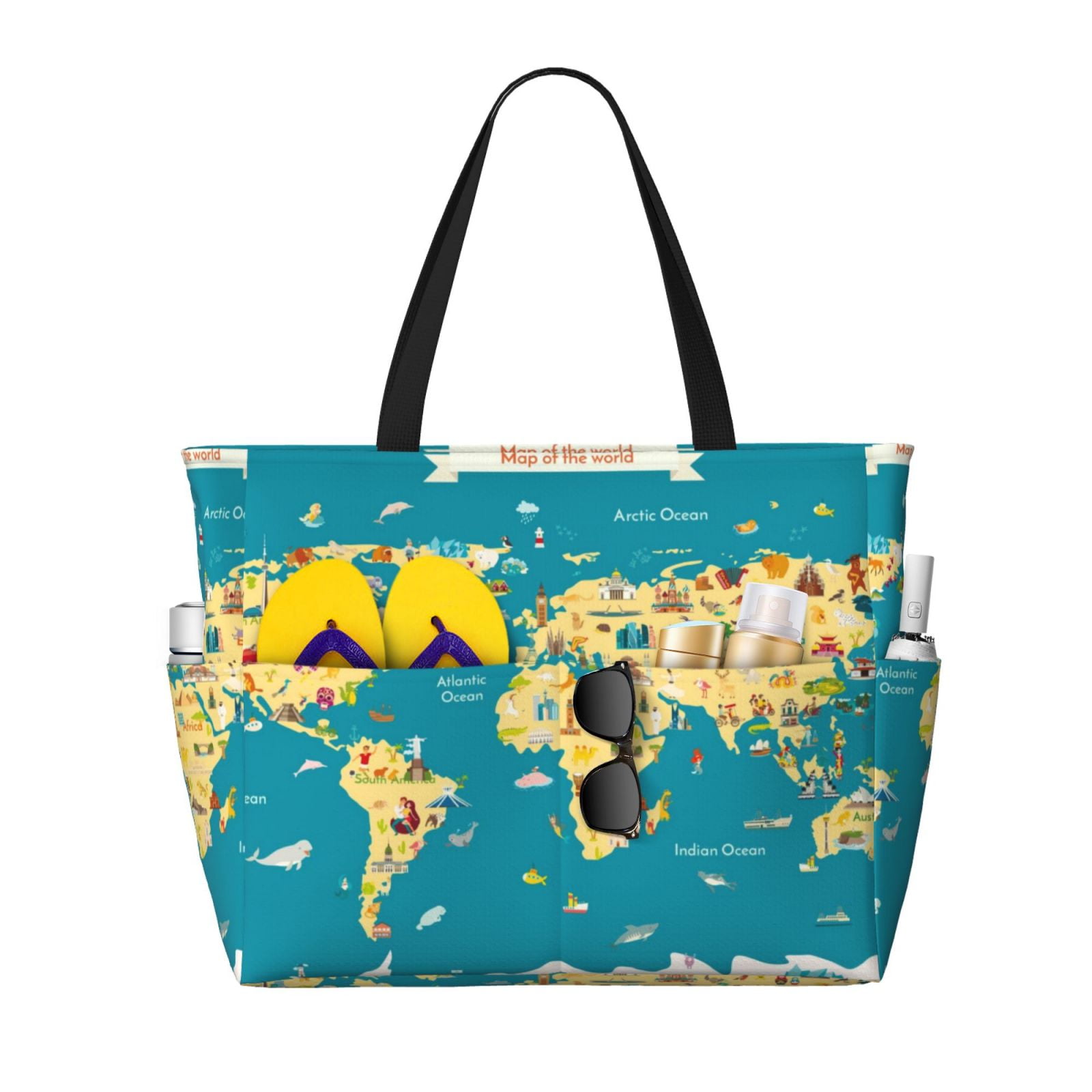 Wukai World Map With Landmarks Print Zipper Bag,large Beach Tote Bag ...