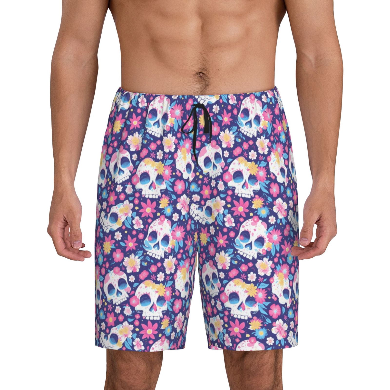 Wukai blue flower Skull colorful Men’s Short Pajama Pants With Pockets ...
