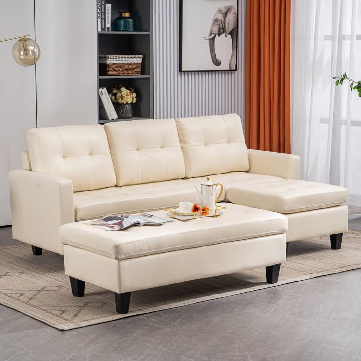 Wulawindy L-shaped Sofa, Solid Wood, PU, Space Saving, 76.4x26.4x32.7in ...