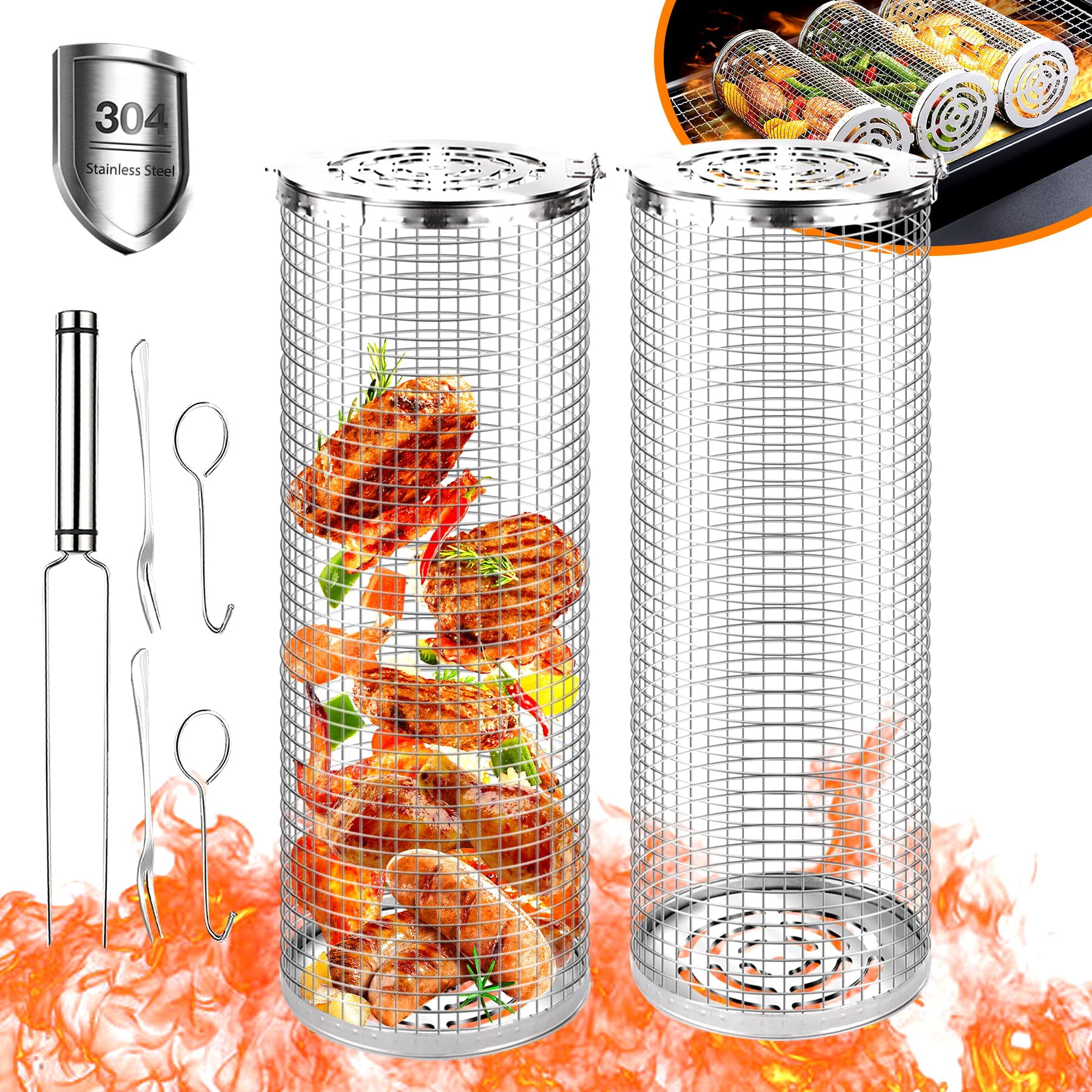 Wulcea Rolling Grilling Baskets for Outdoor Grill Bbq Net Tube ...