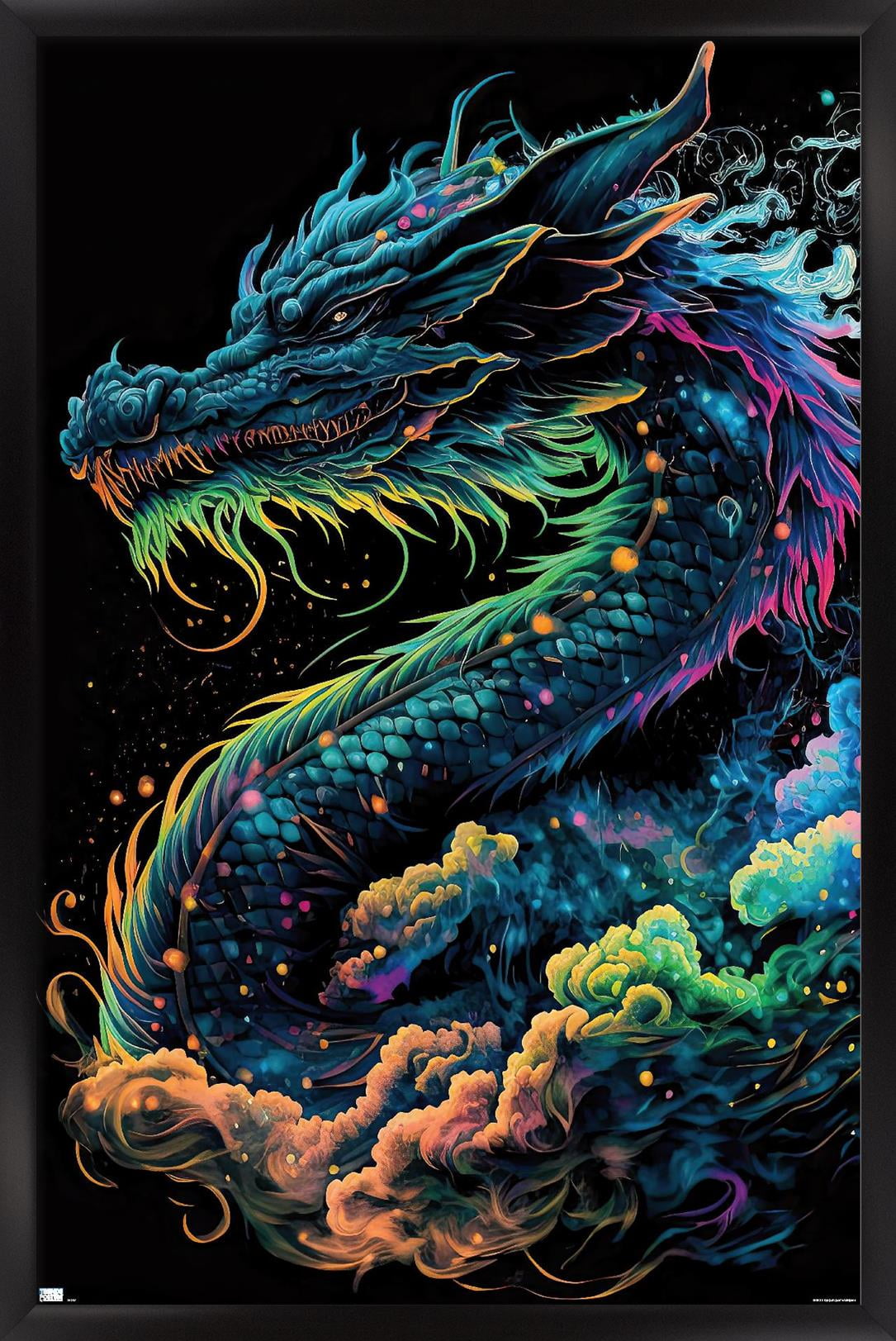 Wumples - Neon Cosmic Dragon Wall Poster, 22.375" x 34" Framed ...