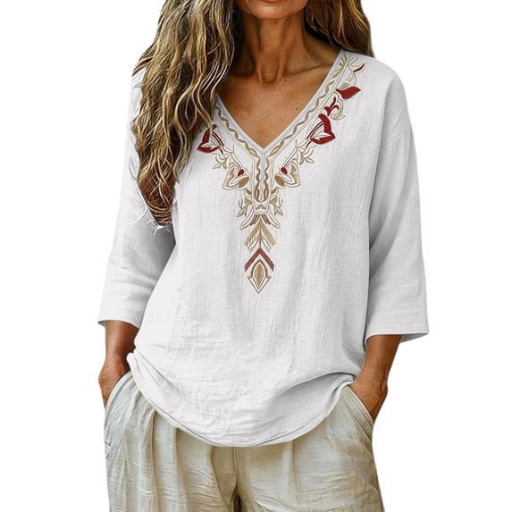 Wuphunn Cotton Gauze Tops Trendy Blouses Summer V Neck T Shirts 3/4 ...