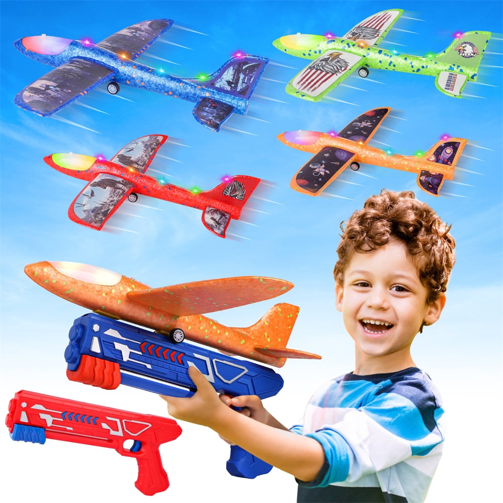 Wupuaait 4 Pack Catapult Airplane Toy with LED Lights, Stickers ...