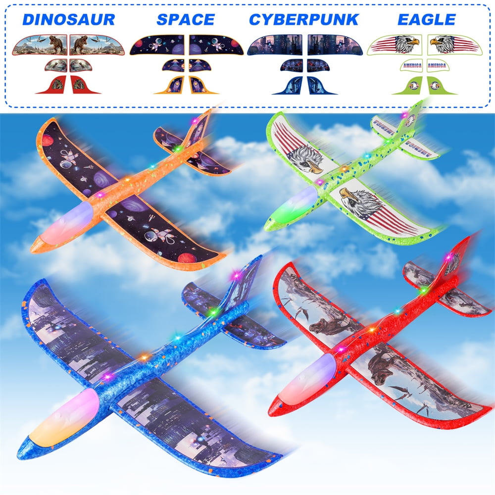 Wupuaait 4 Pack Catapult Airplane Toy with Stickers, LED Lights and ...