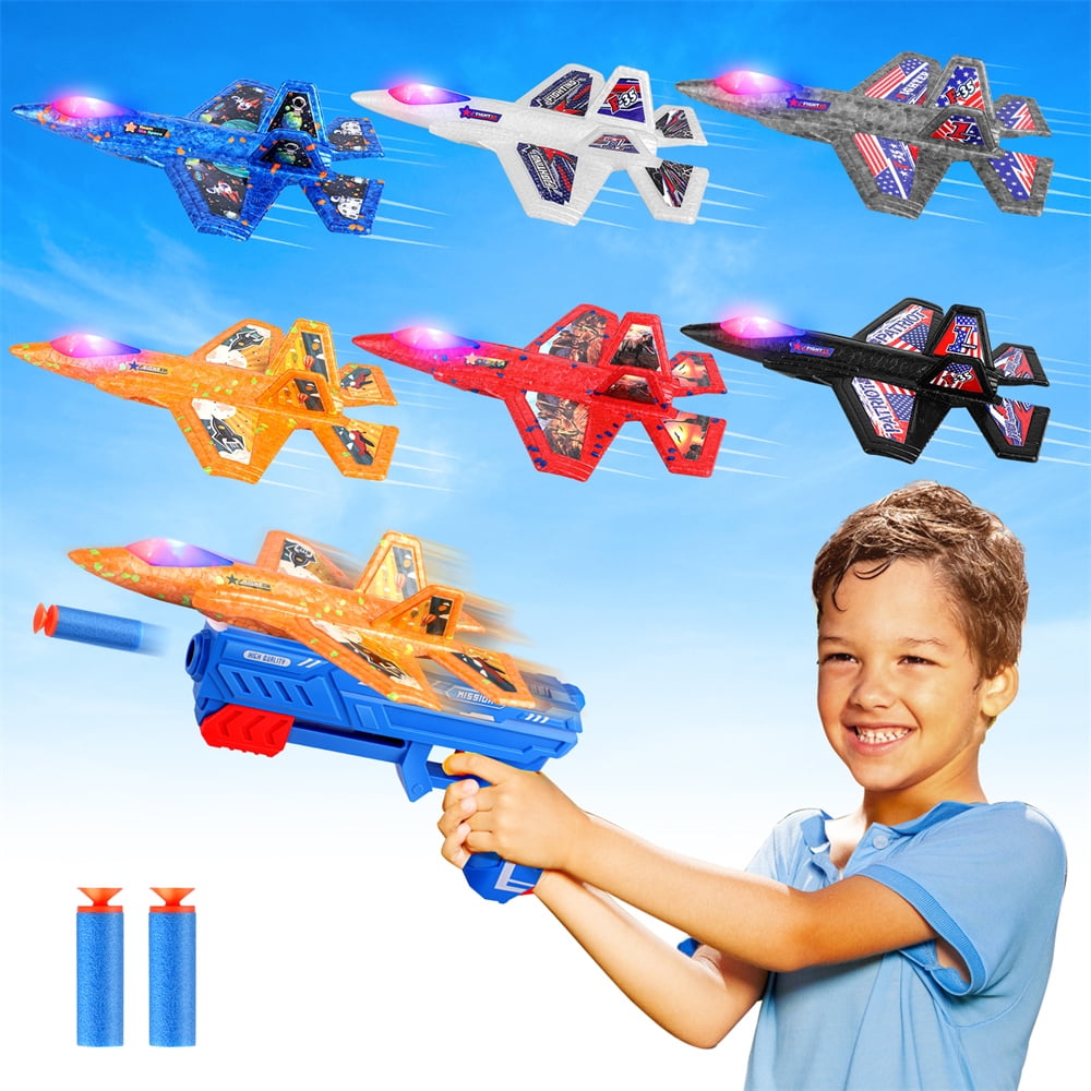 Wupuaait 6 Pack Toy Plane Catapult Aircraft with DIY Stickers, LED, for ...
